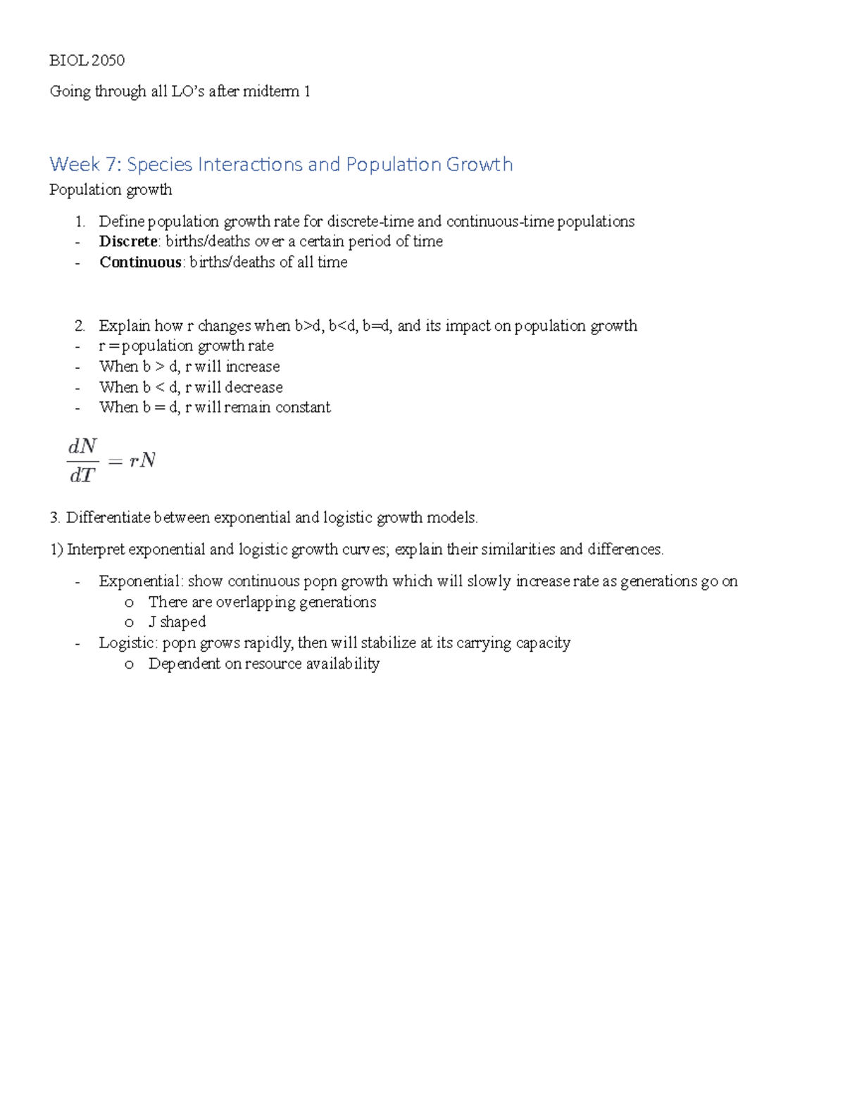 Biol 2050 Final Exam Prep Biol 2050 Going Through All Los After Midterm 1 Week 7 Species