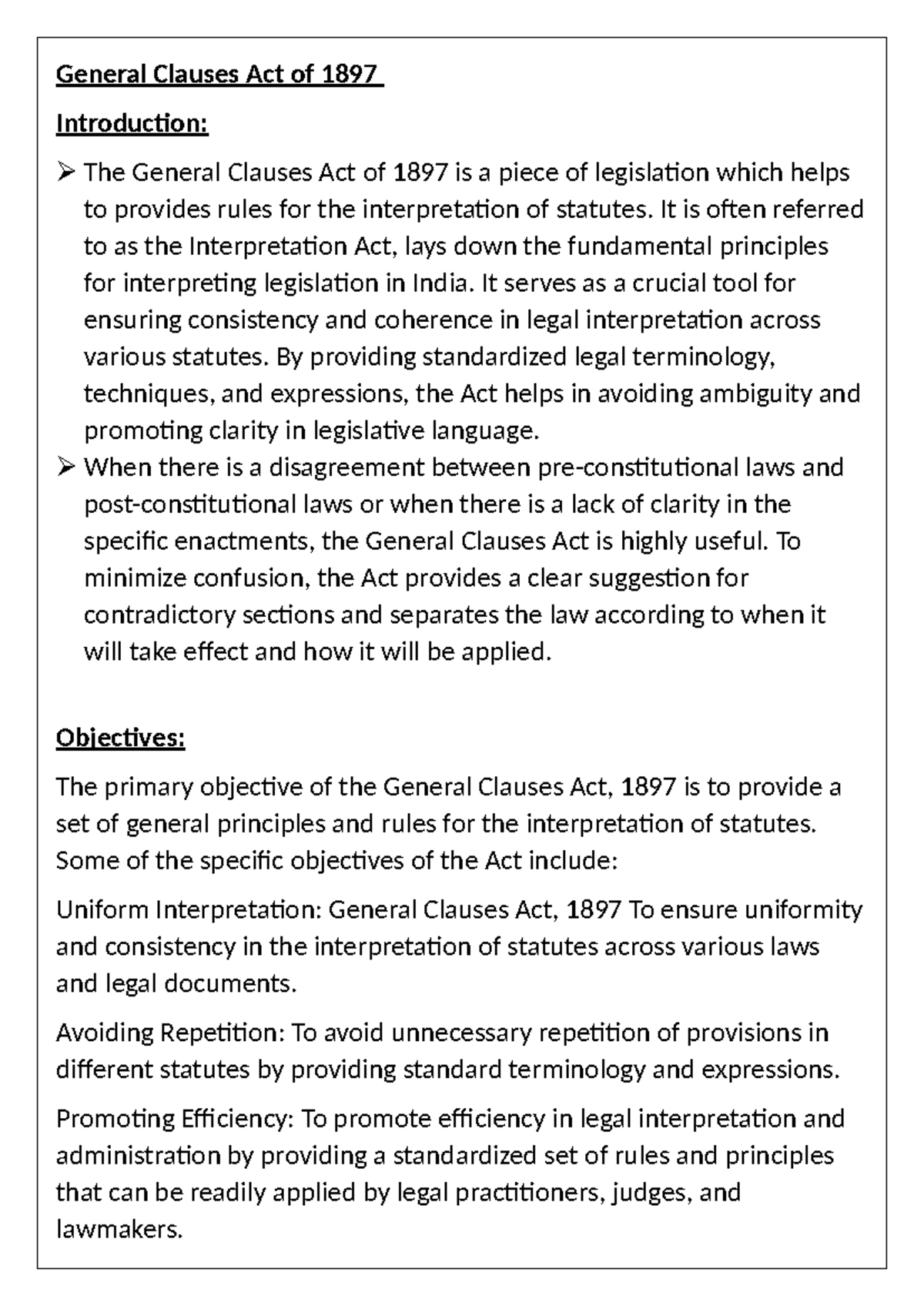 Intro TO LAW - Notes - IT IS VERY USEFUL FOR STUDENTS - General Clauses ...