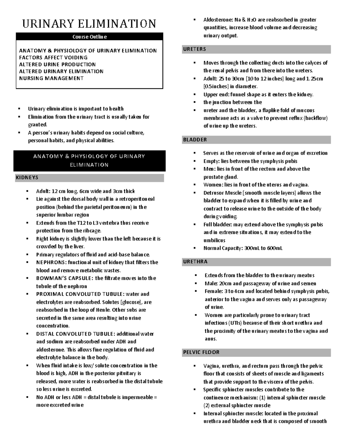 Urinary Elimination - Catheterization Lecture Notes - Bachelor of ...