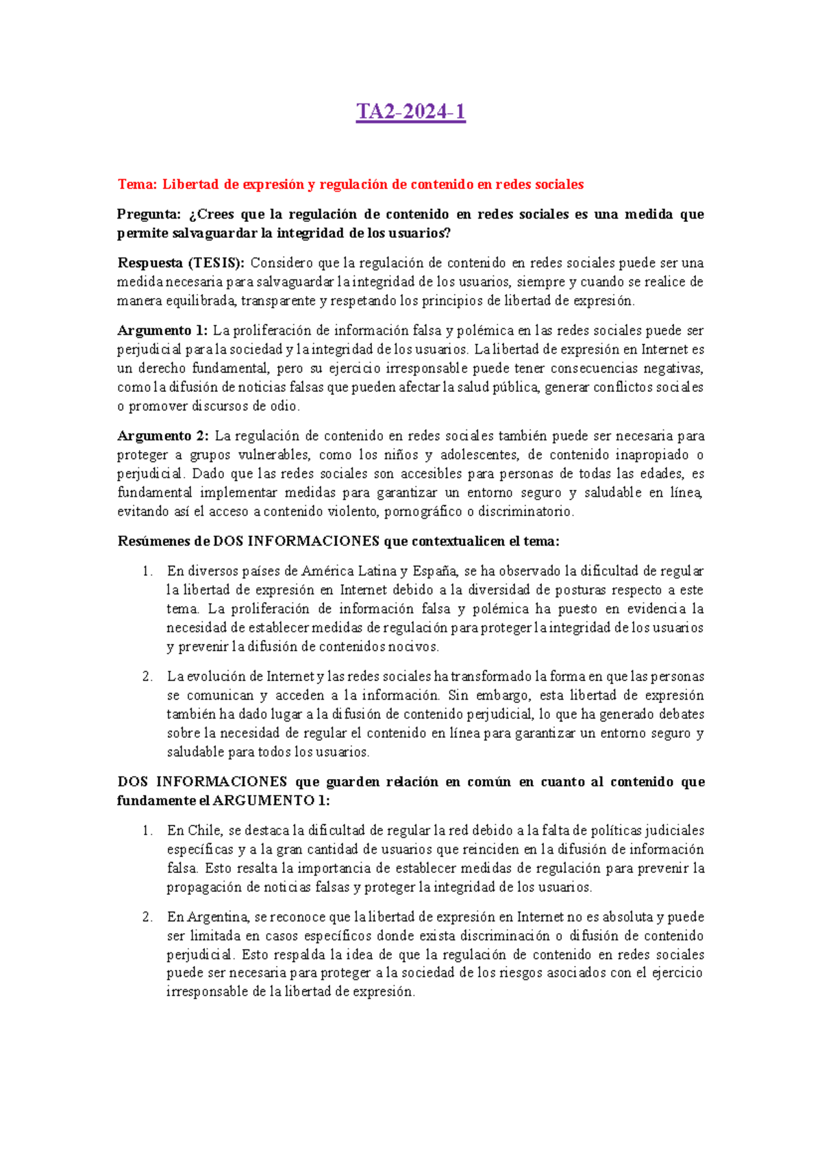 TA2 - TA2- 2024 - 1 Tema: Libertad de expresión y regulación de contenido en redes sociales ...