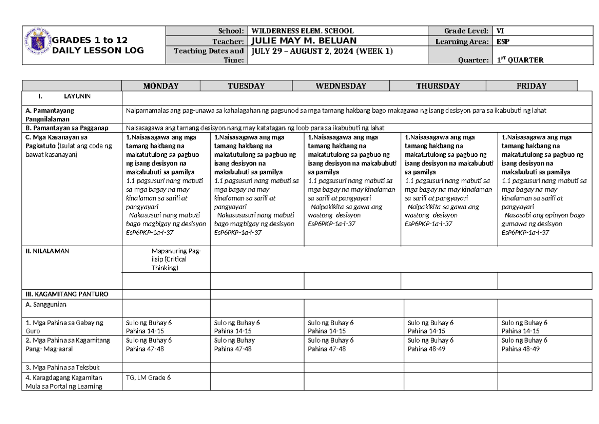 DLL ESP 6 Q1 W1 - Daily Lesson Log - GRADES 1 to 12 DAILY LESSON LOG School: WILDERNESS ELEM ...