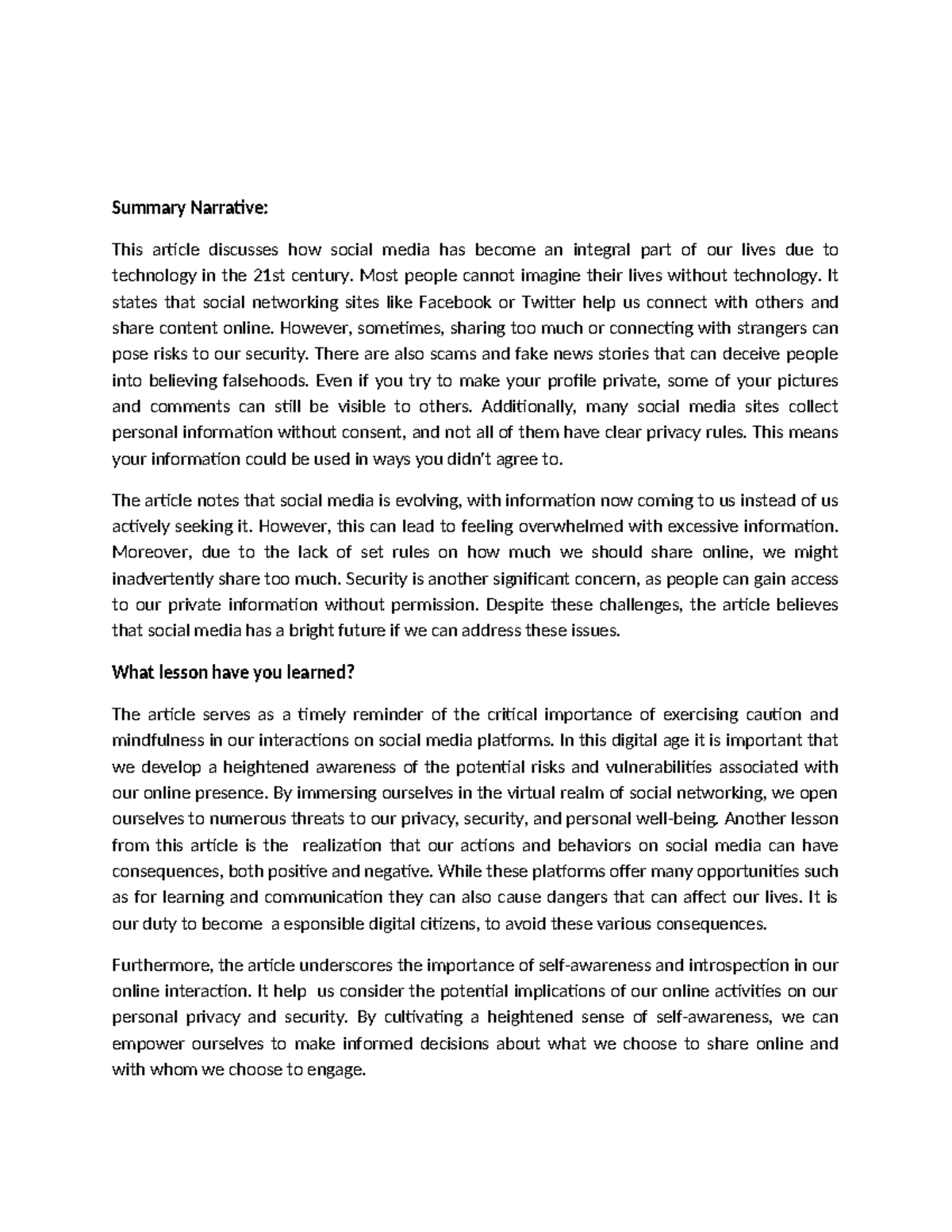 TTL narrative report - Summary Narrative: This article discusses how ...