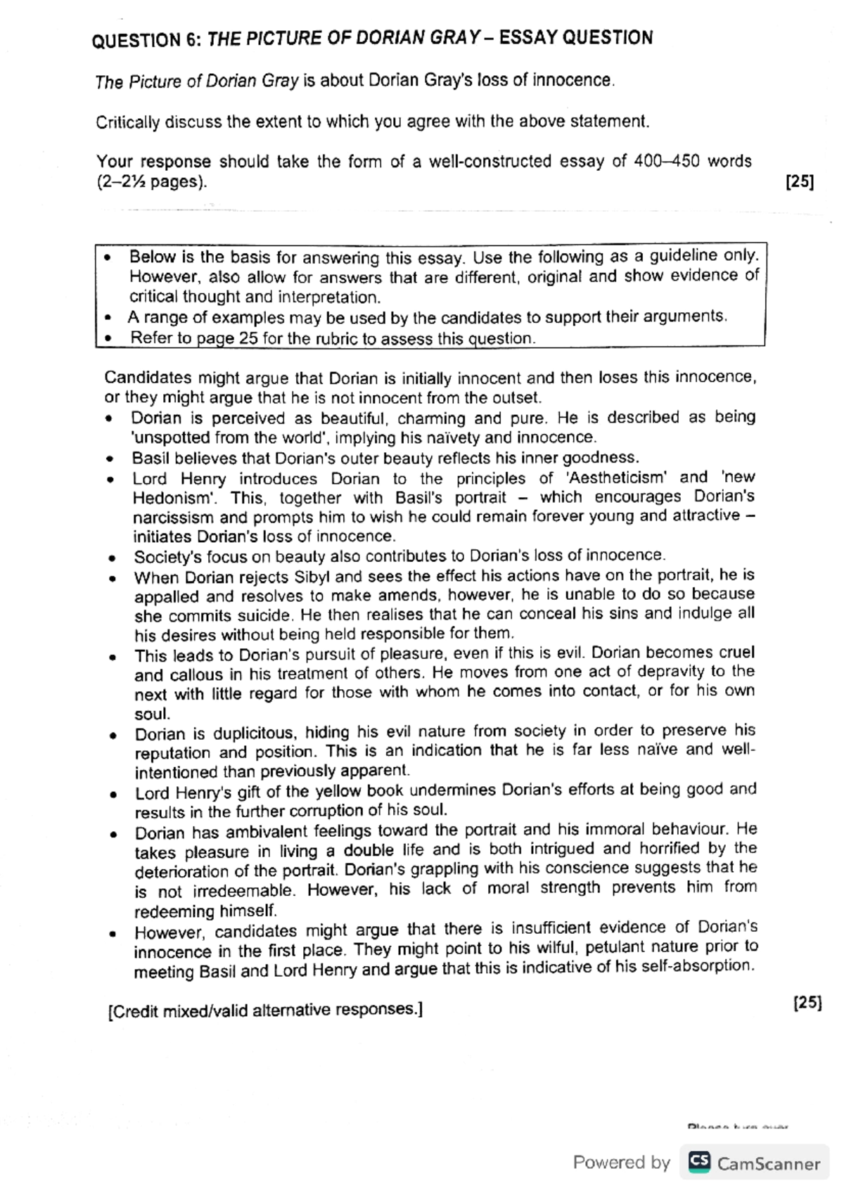Dorian essay 1 - QUESTION 6: THE PICTURE OF DORIAN GRAY QUESTION The ...