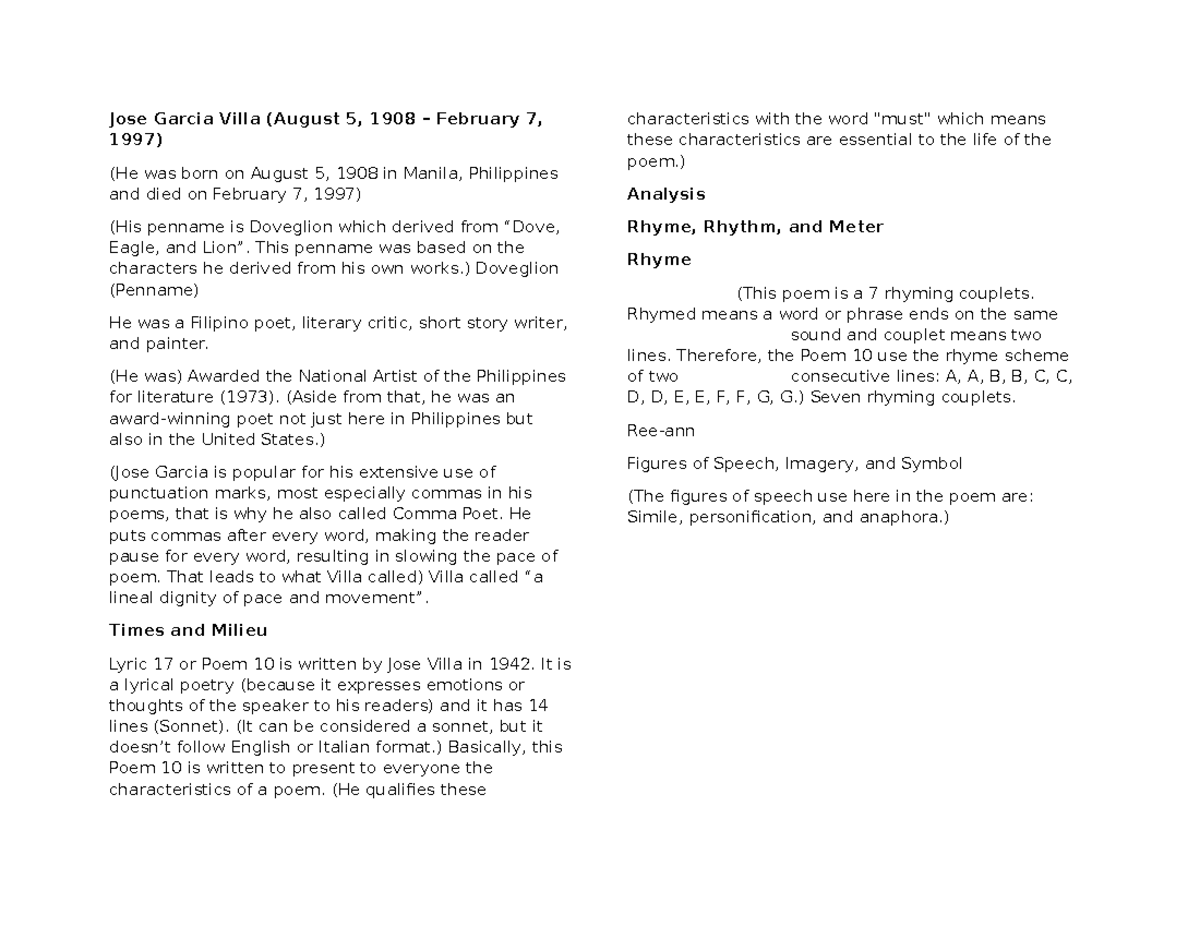 6 Poem 10 ree ann - Report - Jose Garcia Villa (August 5, 1908 ...