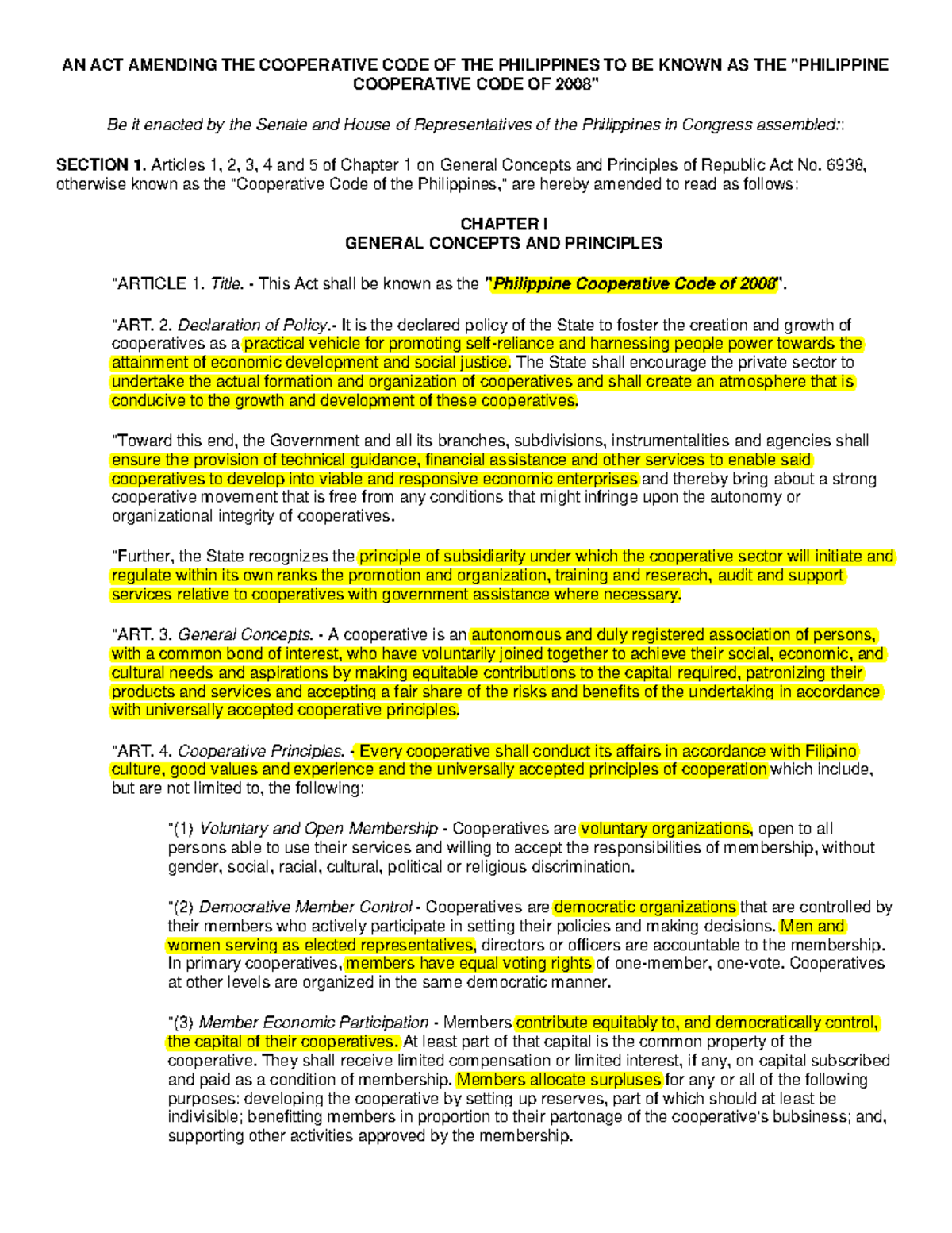 Cooper a tive Code - Highlights - AN ACT AMENDING THE COOPERATIVE CODE ...