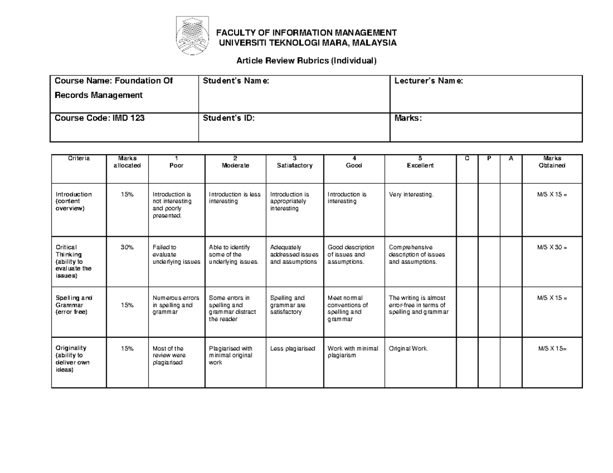 Article Review Rubrics - imd123 - FACULTY OF INFORMATION MANAGEMENT UNIVERSITI TEKNOLOGI MARA ...