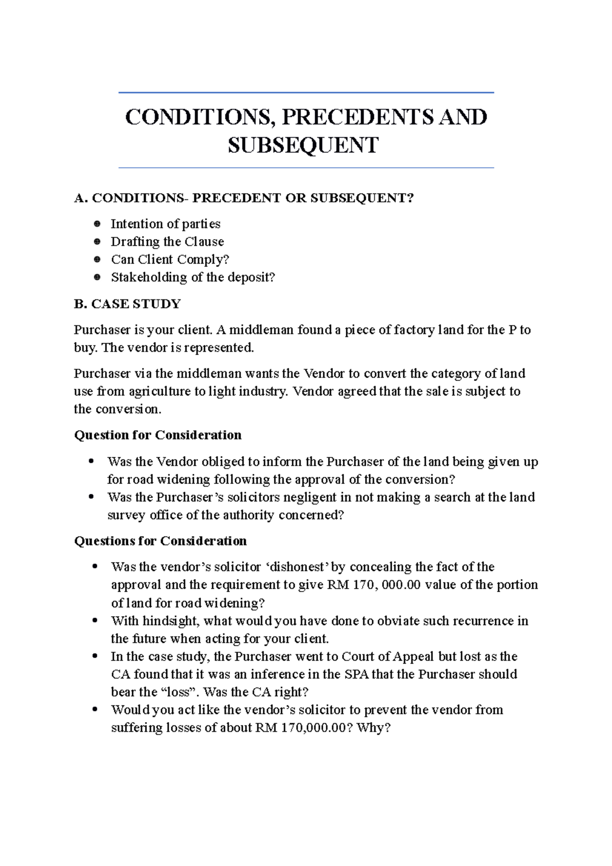 Conditions, Precedents AND Subsequent - CONDITIONS, PRECEDENTS AND ...