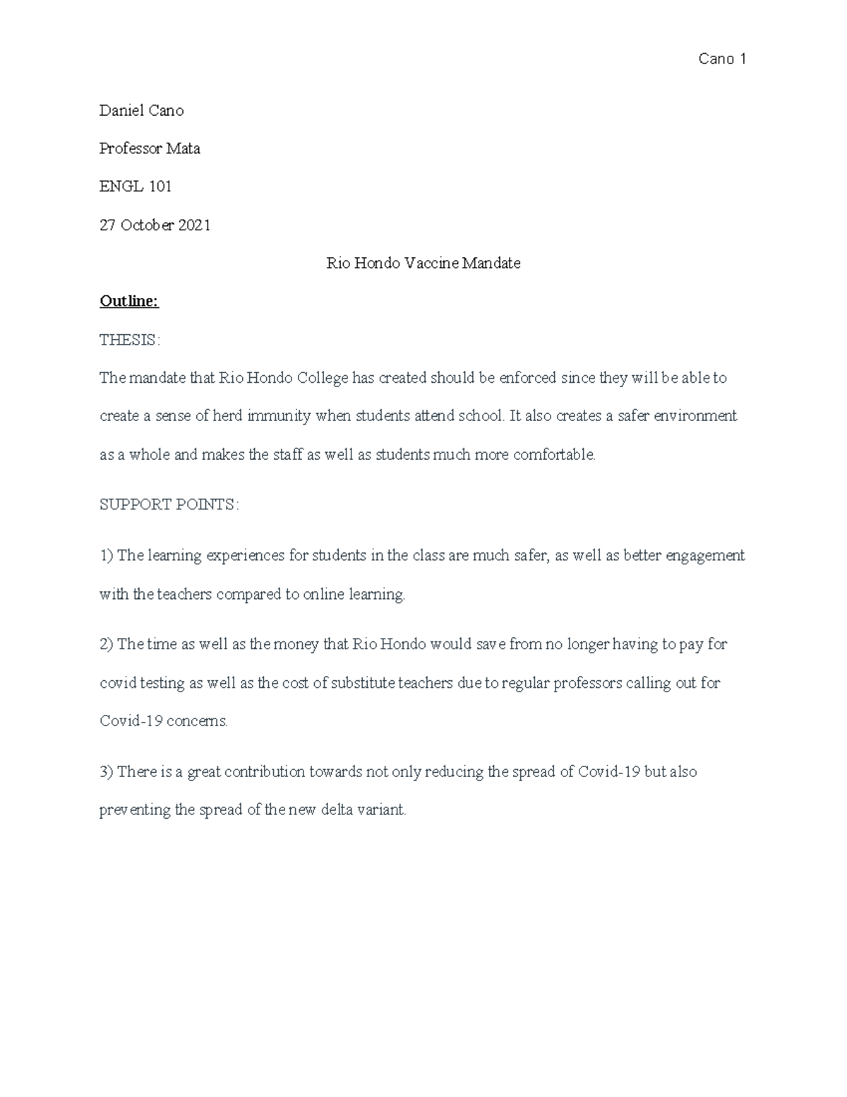 Mandate Writing ENGL 101-Daniel Cano - Daniel Cano Professor Mata ENGL ...