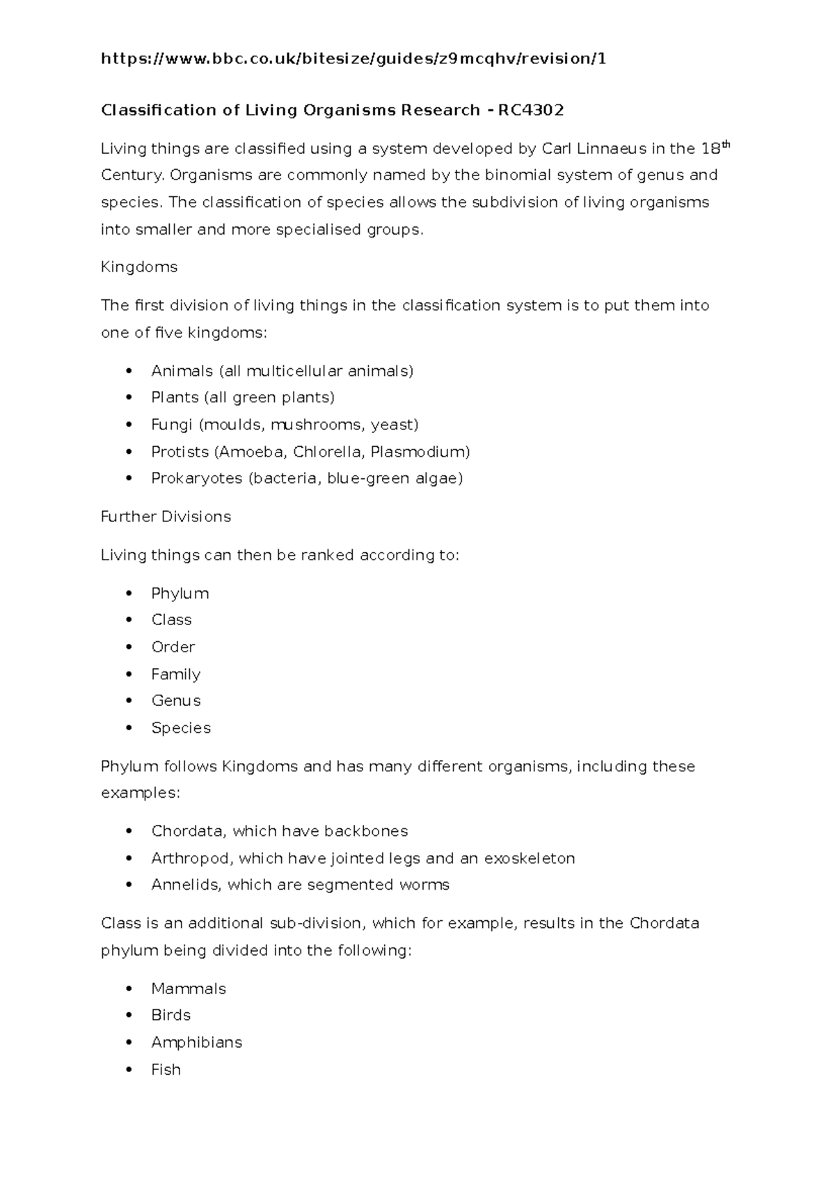 Classification of Living Organisms Research - bbc.co/bitesize/guides ...