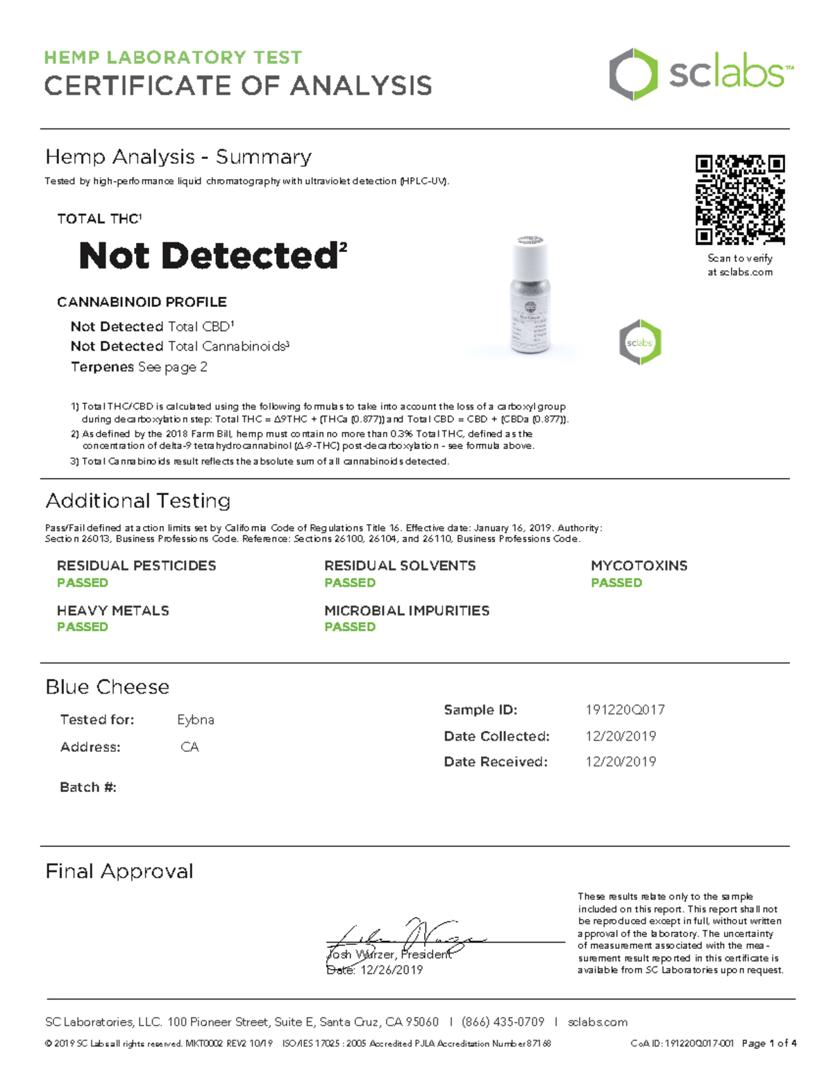 Blue-Cheese-Co A - Apuntes 1 - HEMP LABORATORY TEST CERTIFICATE OF ...