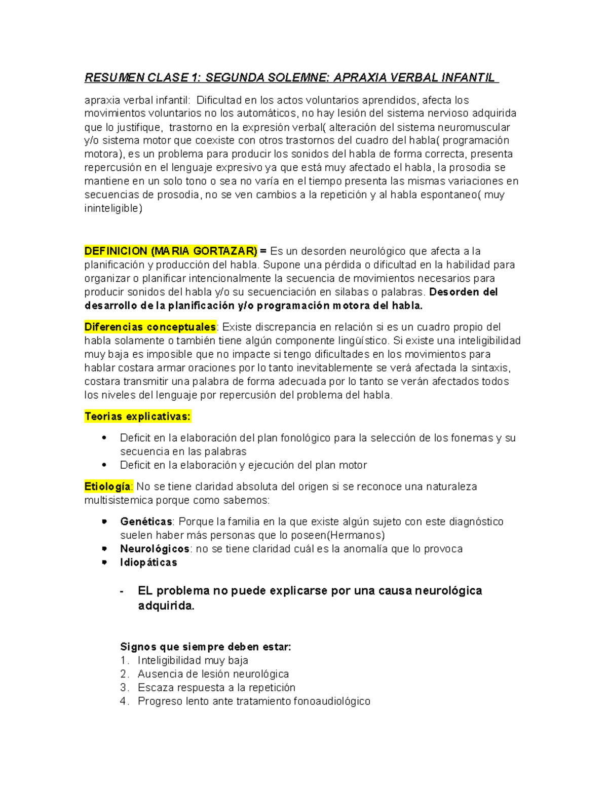 Resumen dispraxia verbal infantil o apraxia del habla - RESUMEN CLASE 1 ...