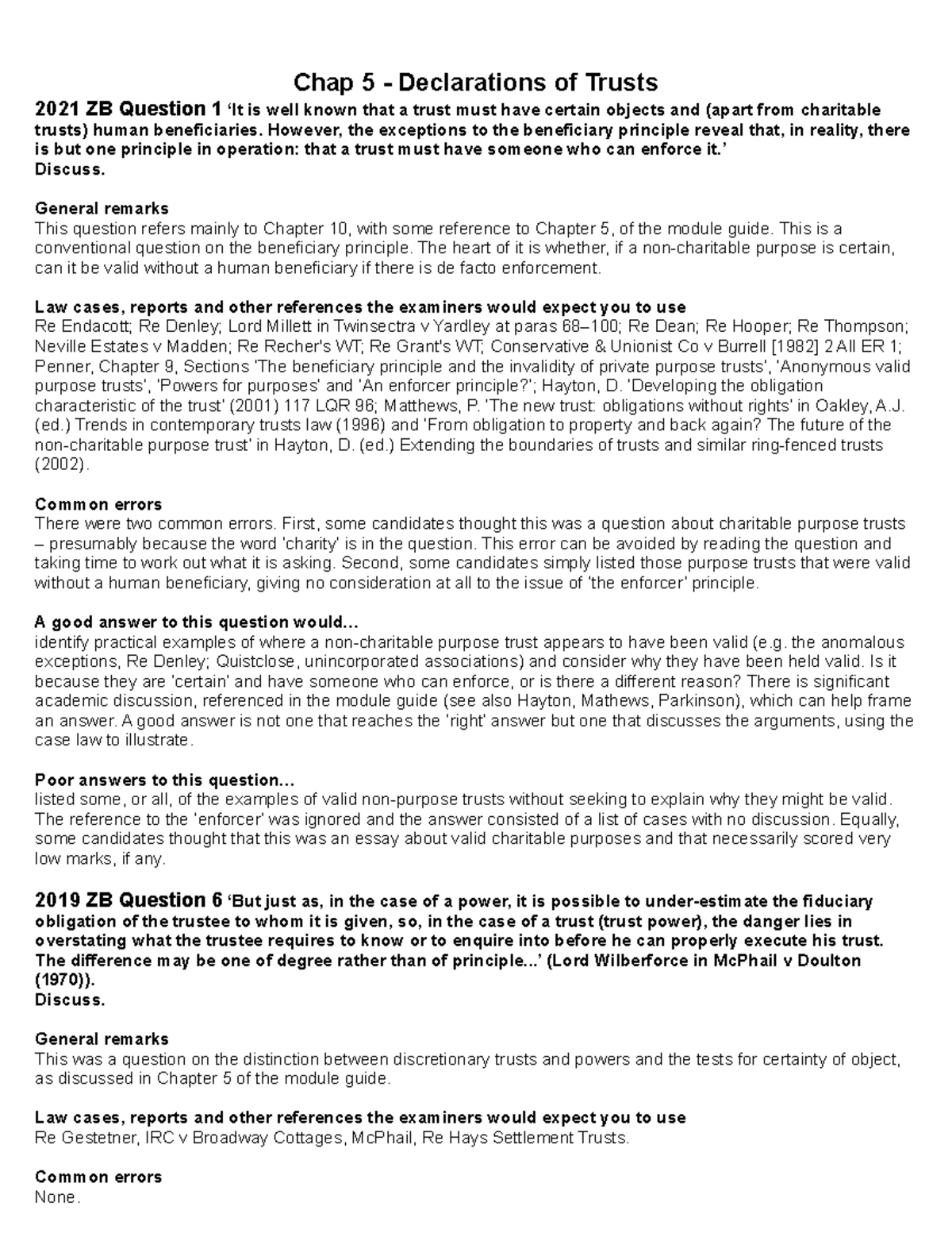 Trust Law Questions Analysis - Chap 5 - Declarations of Trusts 2021 ZB ...