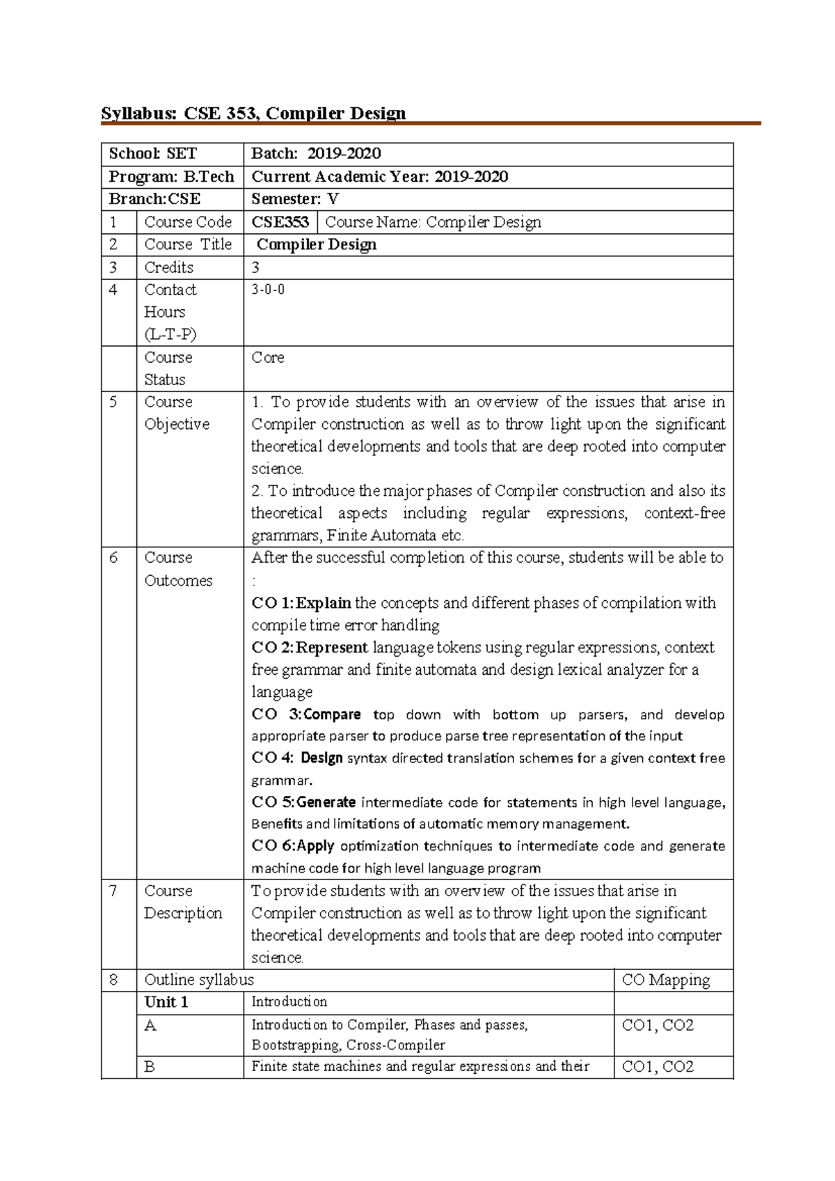 CSE353 Compiler Design - Syllabus: CSE 353, Compiler Design School: SET ...