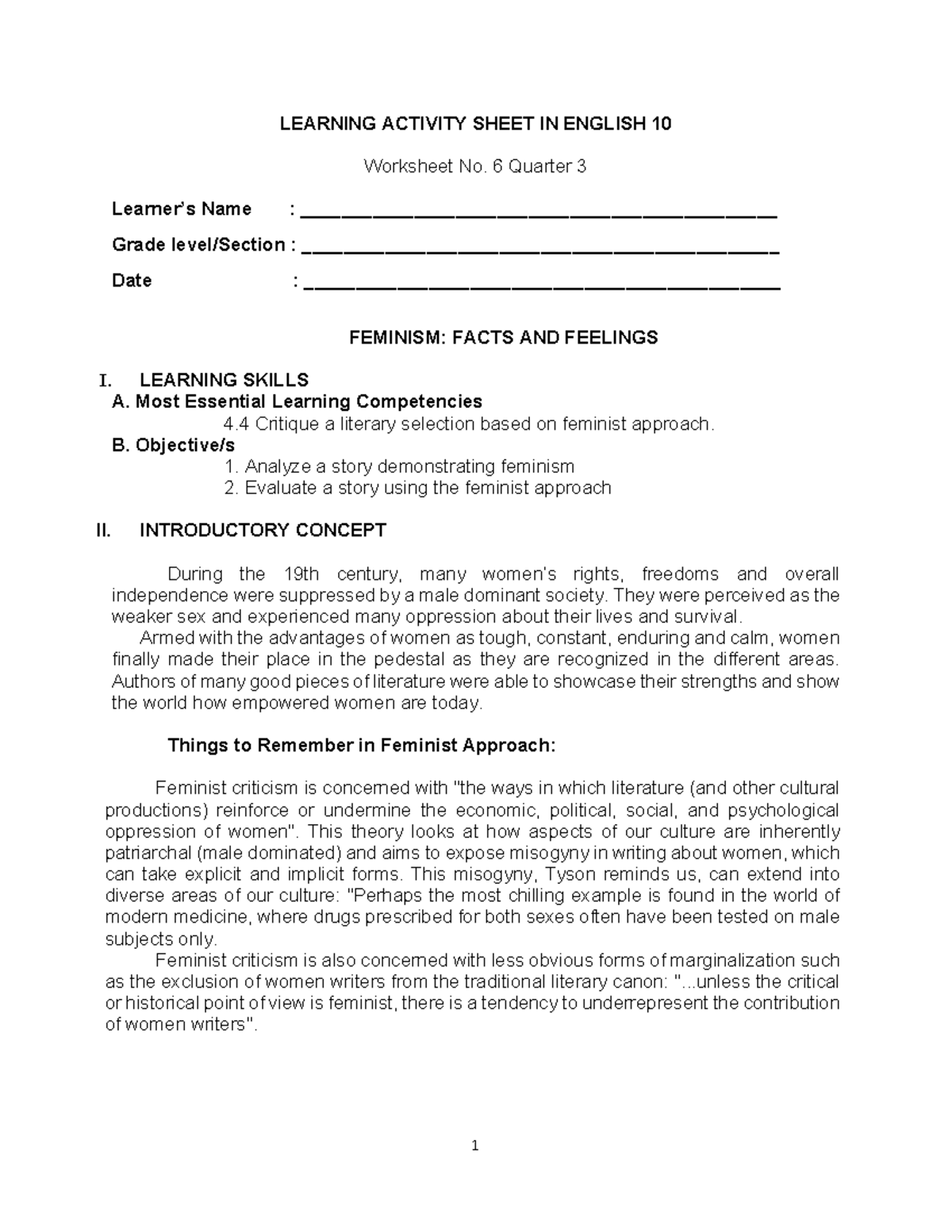 English 10-Q3-LAS-6 - LEARNING ACTIVITY SHEET IN ENGLISH 10 Worksheet ...