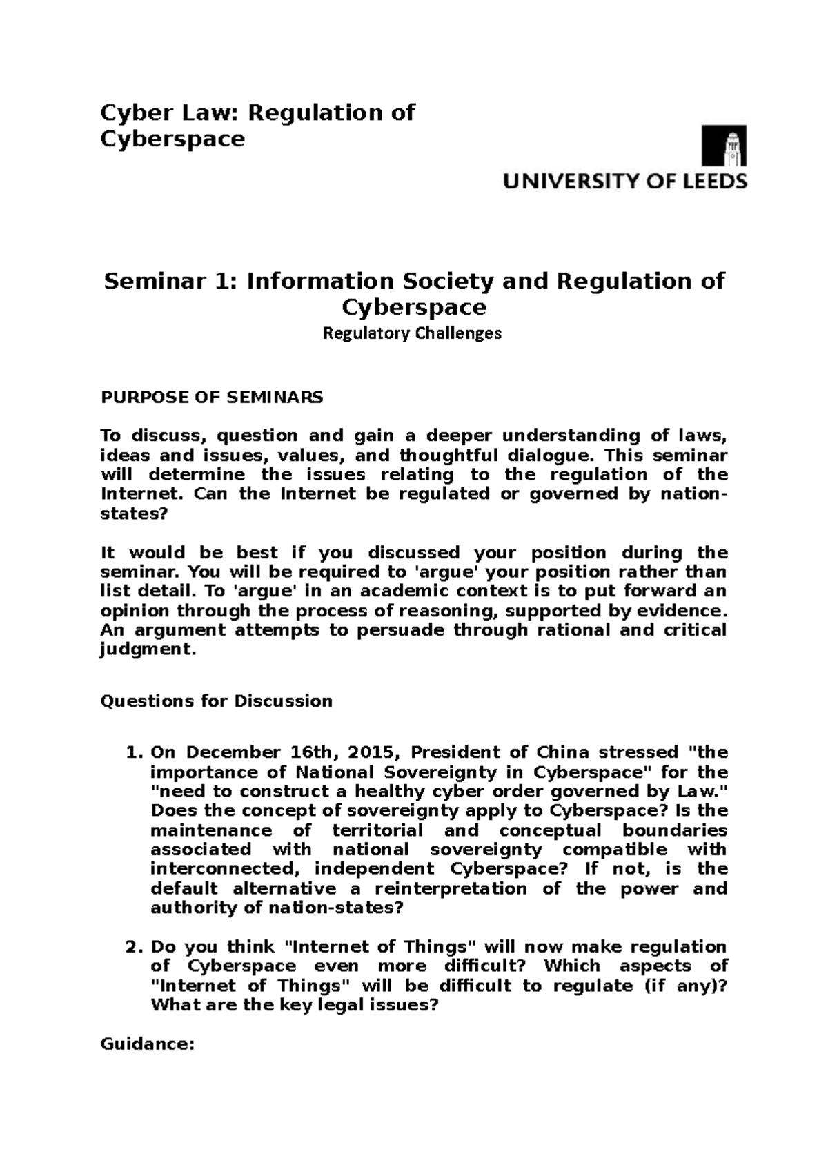 Cyber Law PG Seminar 1 - Cyber Law: Regulation of Cyberspace Seminar 1 ...