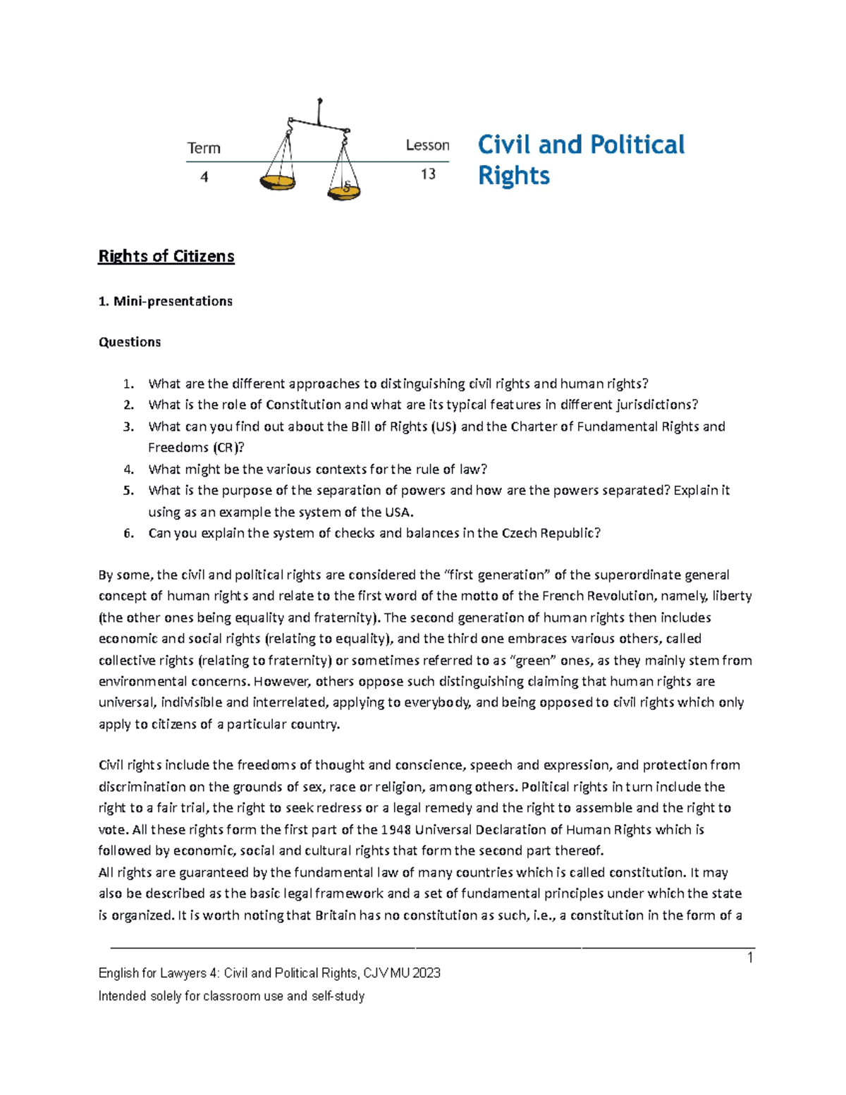 Lesson 13 Civil and Political Rights - Rights of Citizens Mini ...