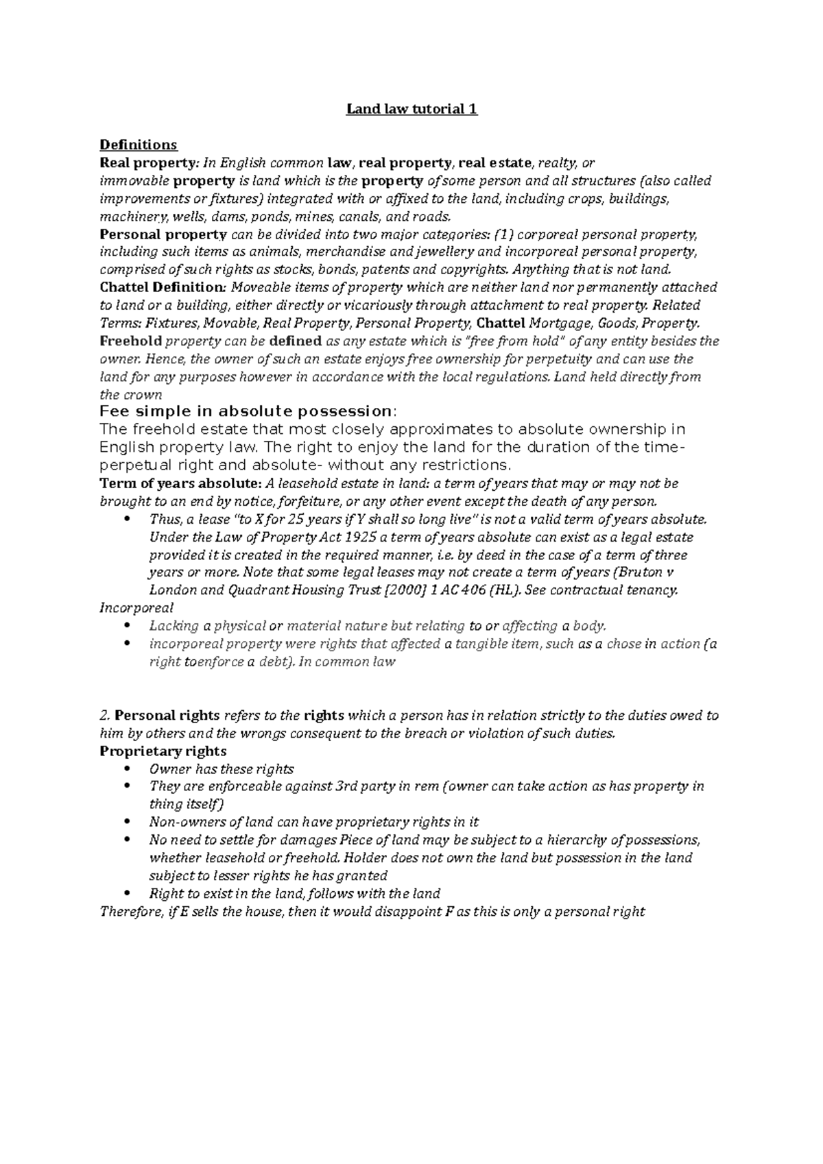 Land law tutorial 1 - Personal property can be divided into two major ...