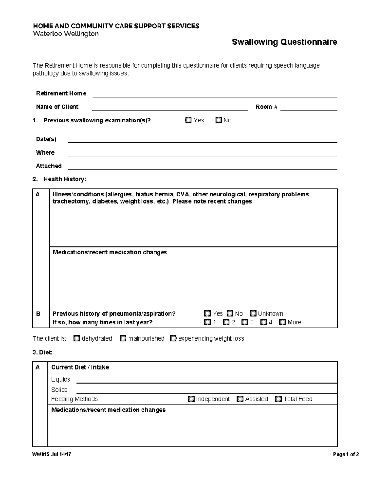 015 Swallowing Questionnaire Fillable - Swallowing Questionnaire WW015 ...