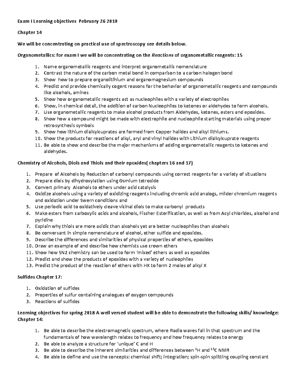 CHEM 332 learning objectives, exam I spring 2019 - Warning: TT: undefined function: 32 Warning ...