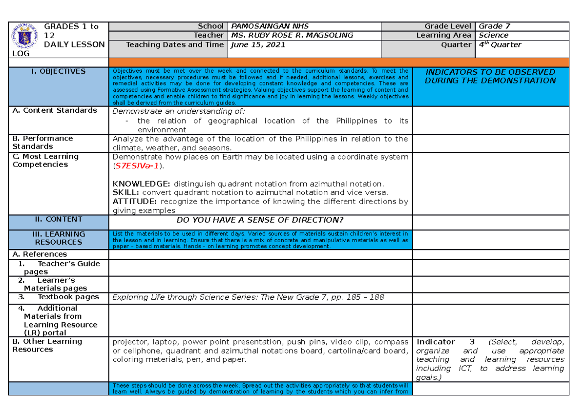 DLP - DO YOU HAVE A Sense OF Direction - GRADES 1 to 12 DAILY LESSON ...