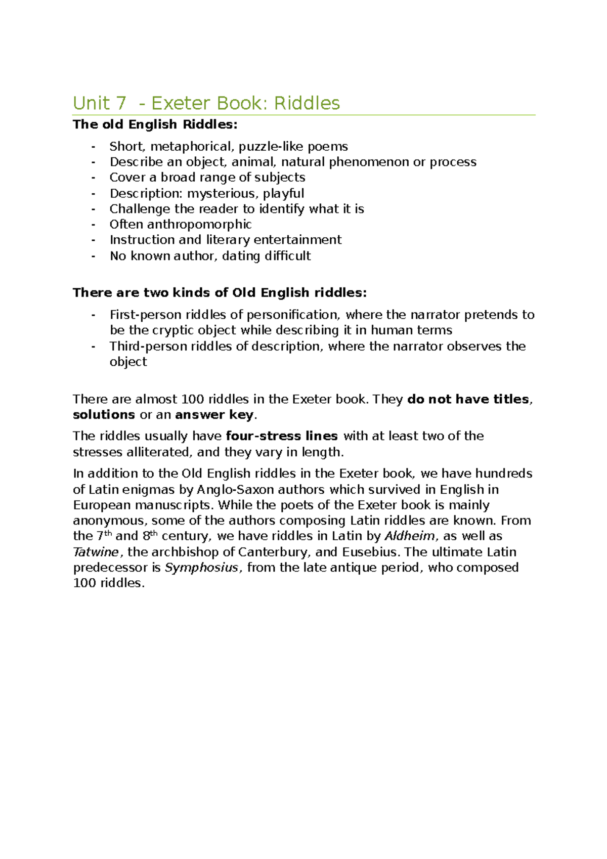 Medieval Studies 7 - Unit 7 - Exeter Book: Riddles The old English ...