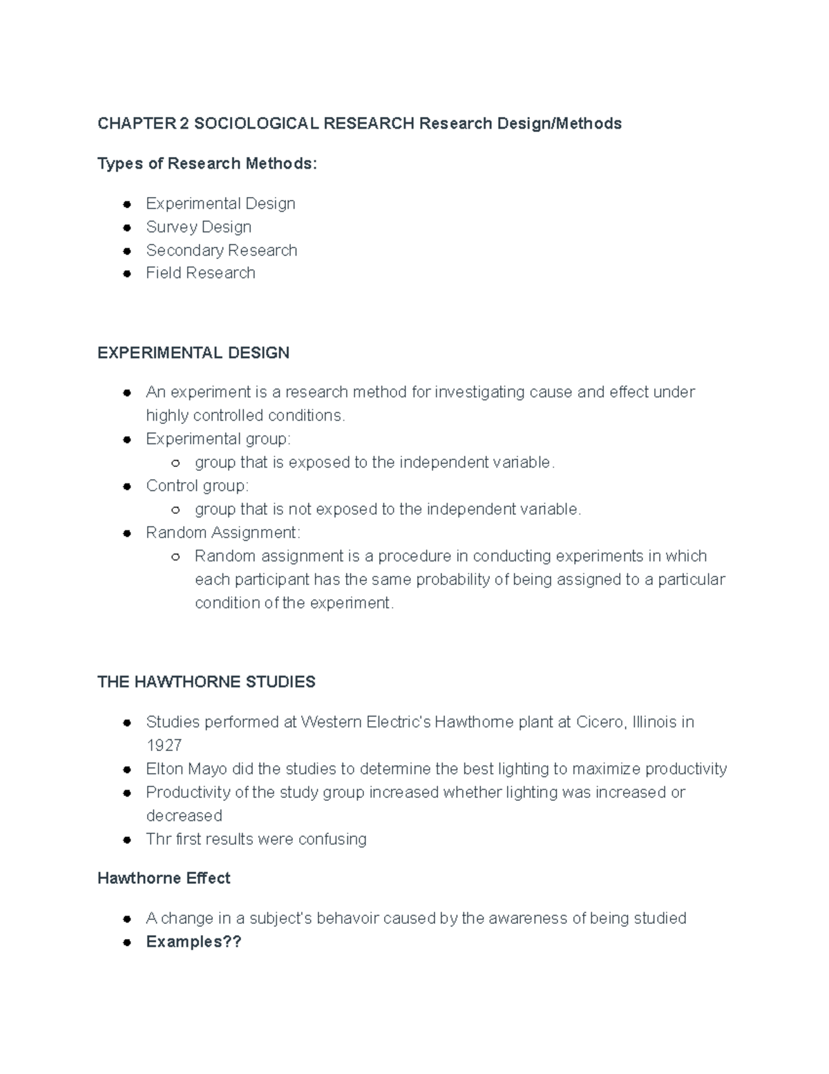 Chapter 2 Notes SOC 1 - CHAPTER 2 SOCIOLOGICAL RESEARCH Research Design ...