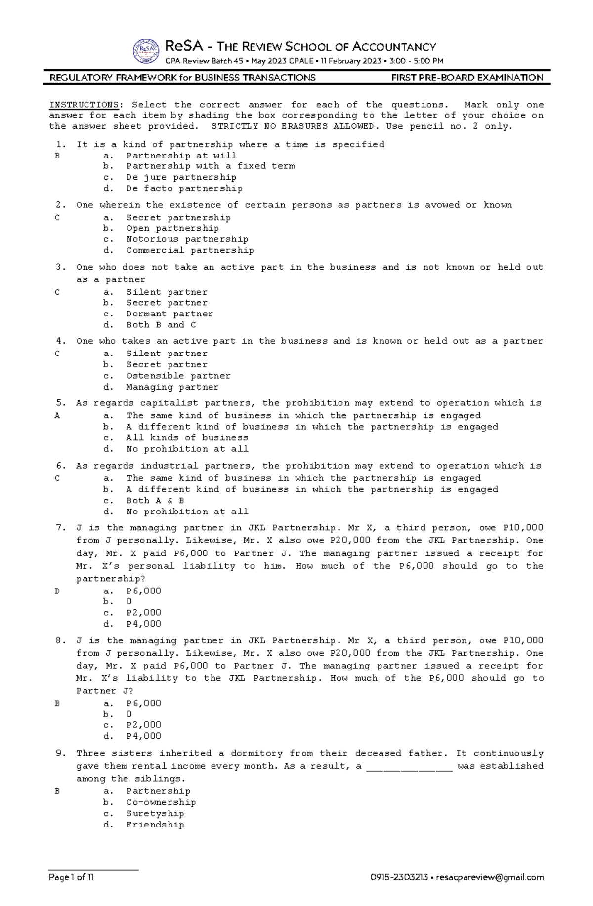 Re SA-B45-RFBT-First-PB-Exam-w - Solman - ReSA - THE REVIEW SCHOOL OF ...