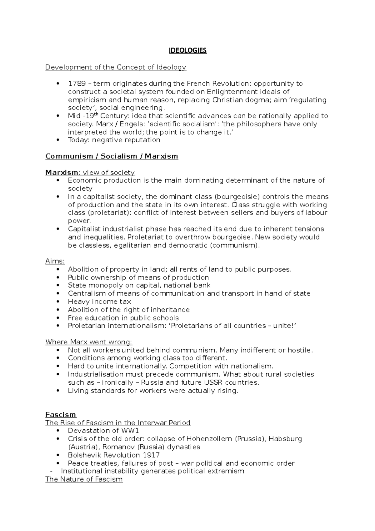 3 - Revision Notes - IDEOLOGIES Development of the Concept of Ideology ...