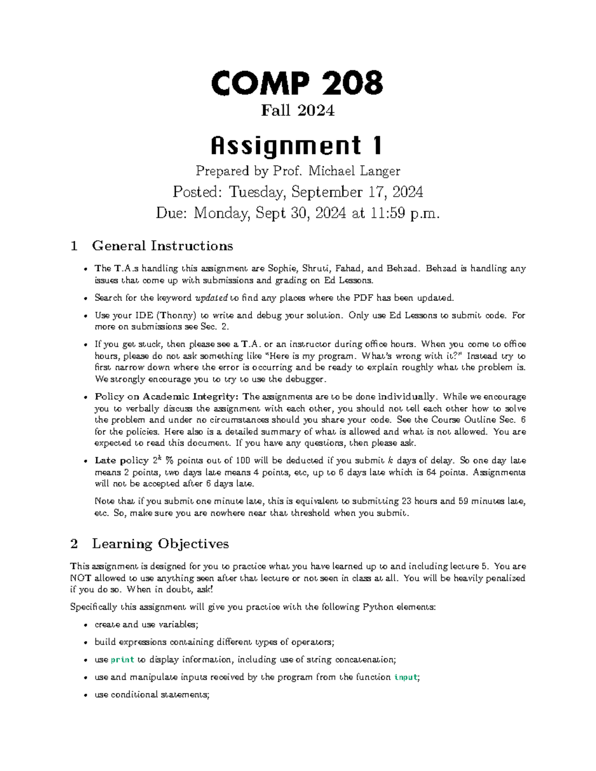 Comp208 Fall2024 Assignment 1 Comp 208 Fall 2024 Assignment 1 Prepared By Prof Michael Langer