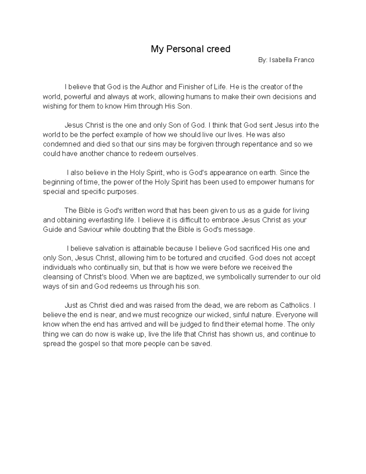 Unit 6 Assignment HRE - My Personal creed By: Isabella Franco I believe ...