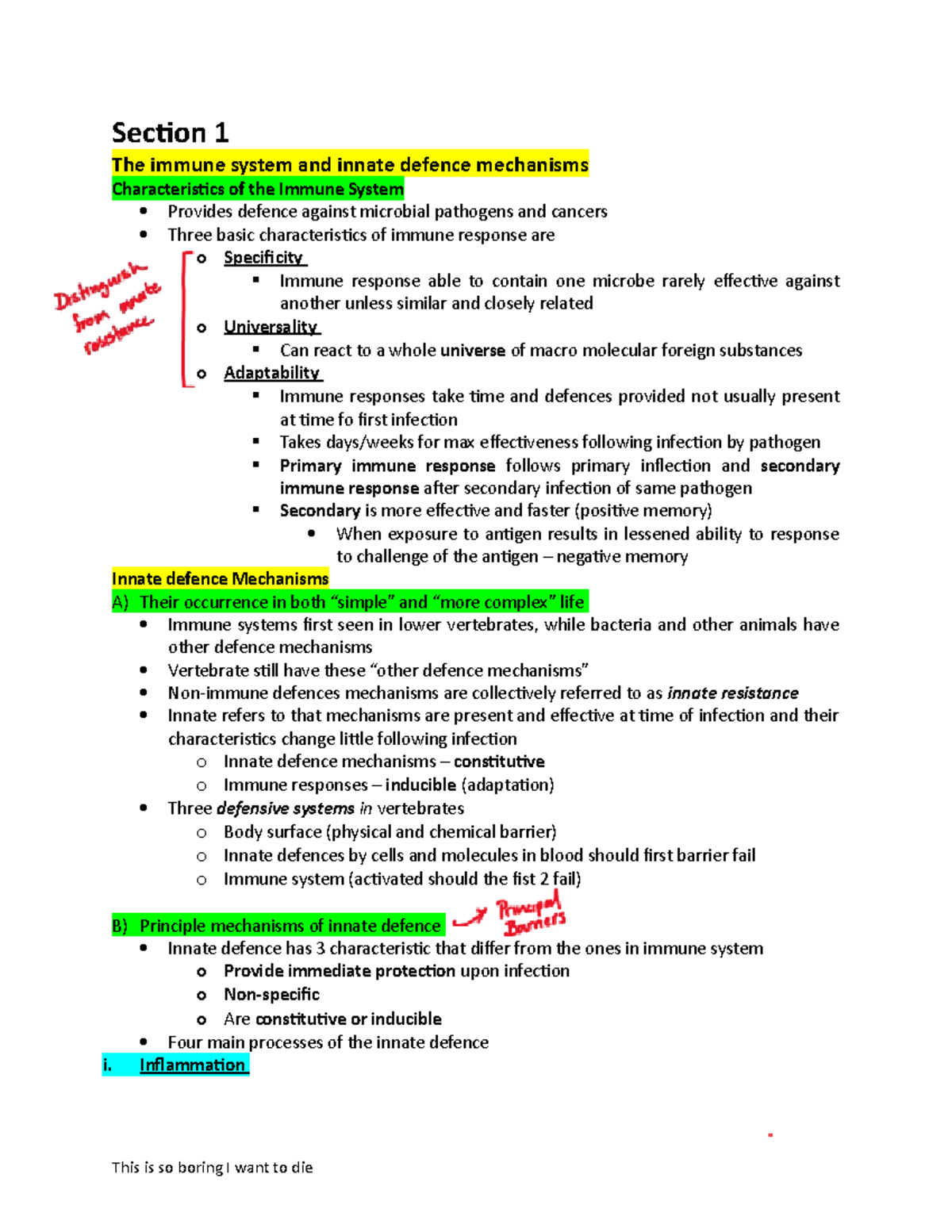 Immunology Notes - Section 1 The immune system and innate defence ...