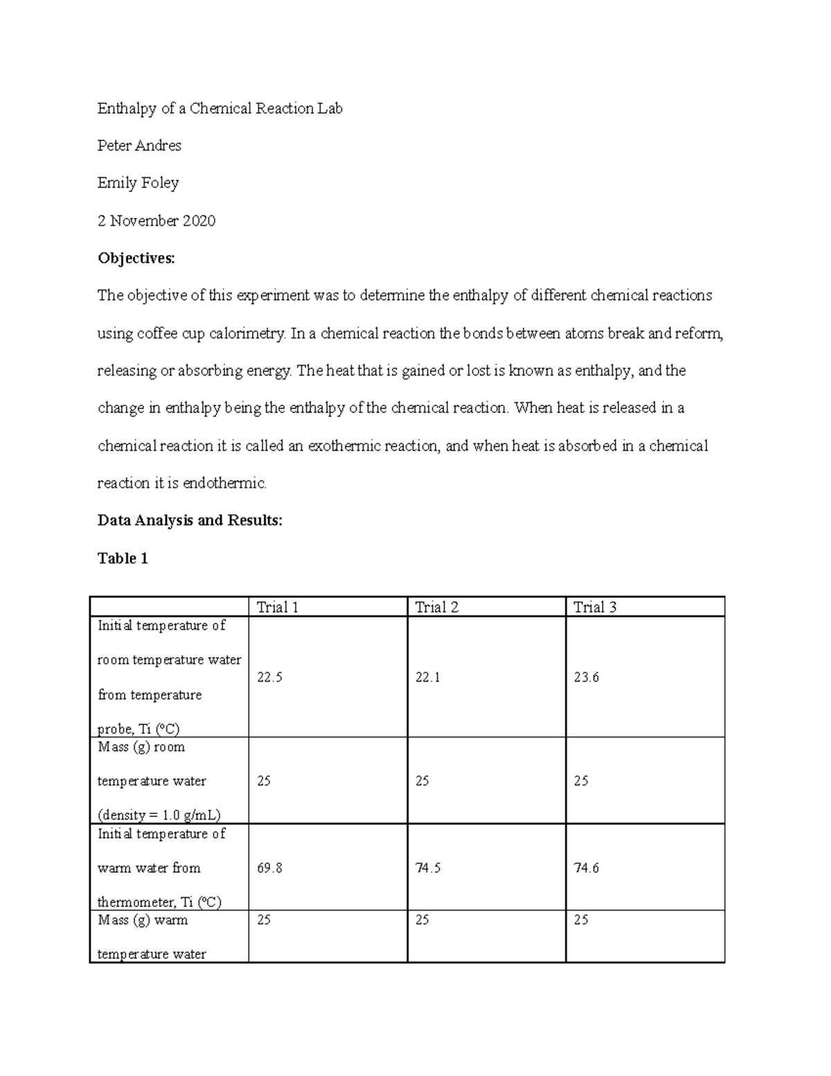 Enthalpy of a Chemical Reaction Lab Report - Enthalpy of a Chemical ...
