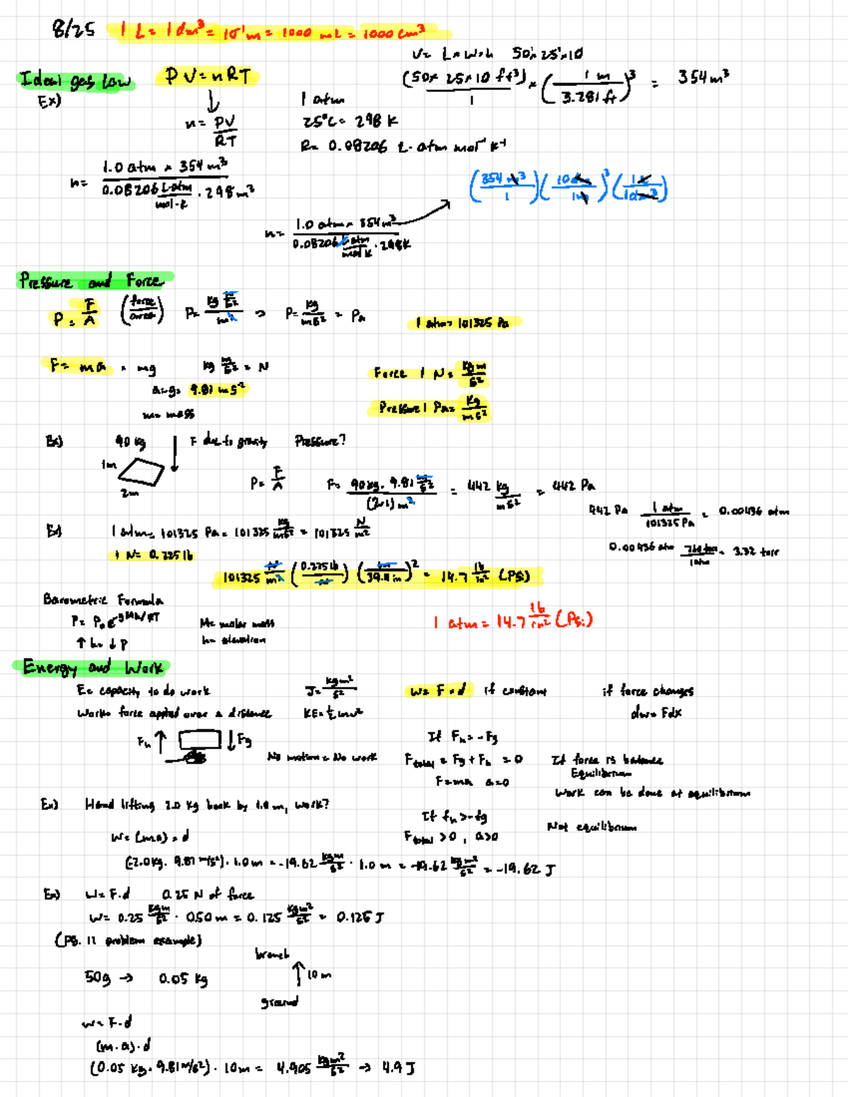 Pchem 1 - Ideal gas law, pressure and force, unit conversions, energy ...