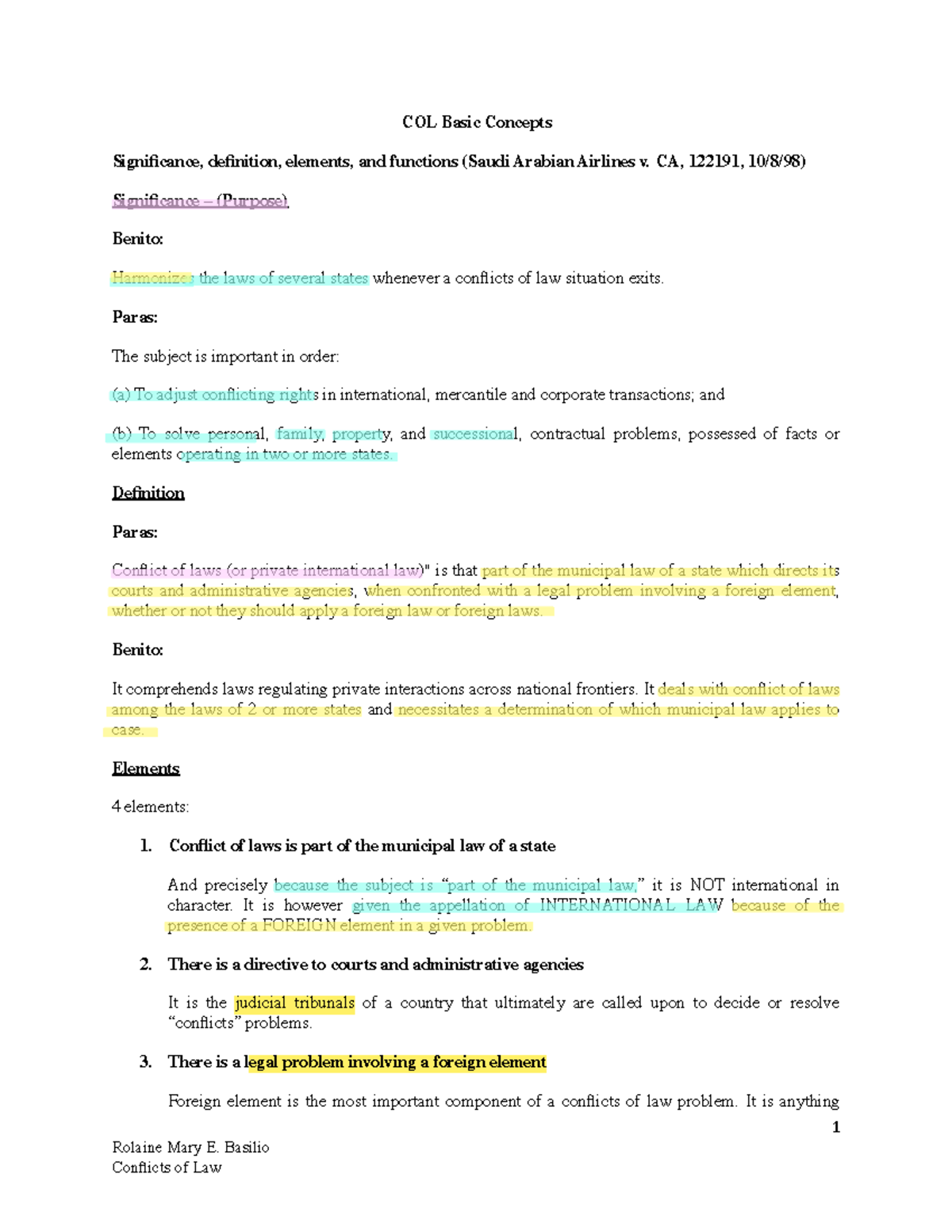 COL-Notes RMB - Conflict of Laws reviewer - COL Basic Concepts ...