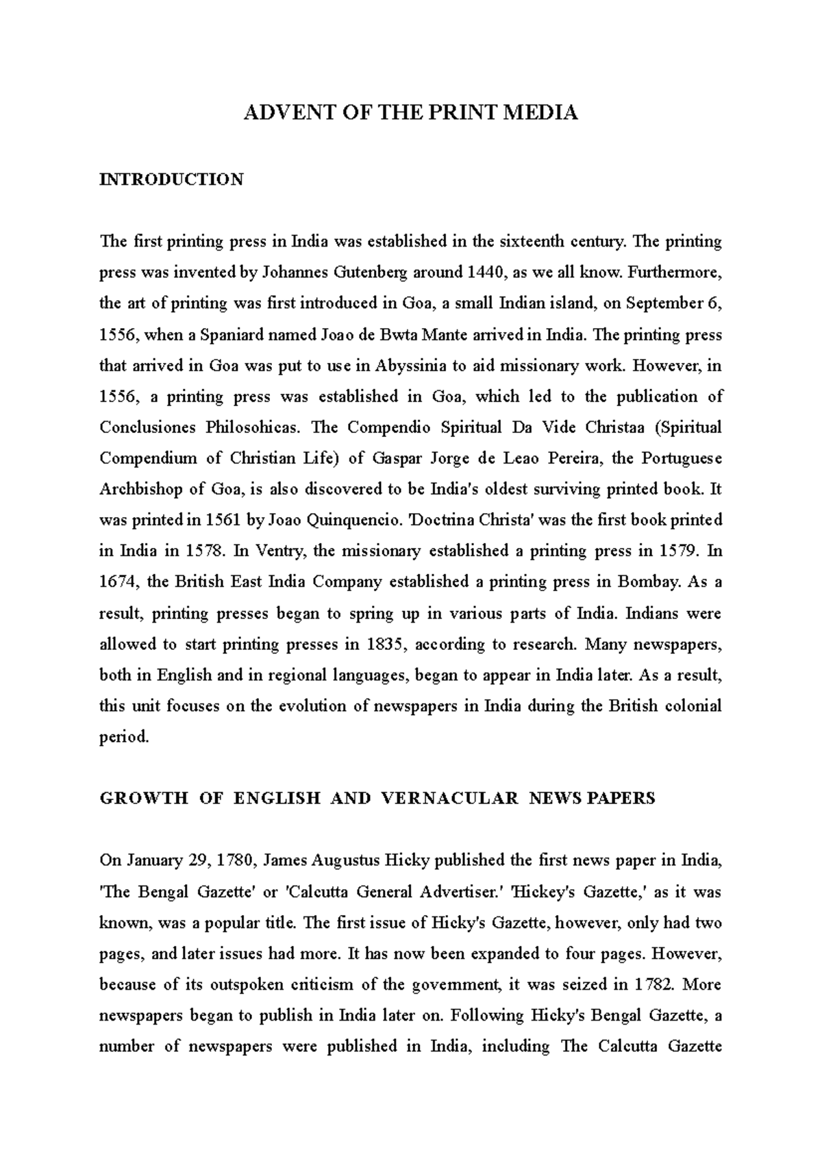 Advent OF THE Print Media - ADVENT OF THE PRINT MEDIA INTRODUCTION The ...
