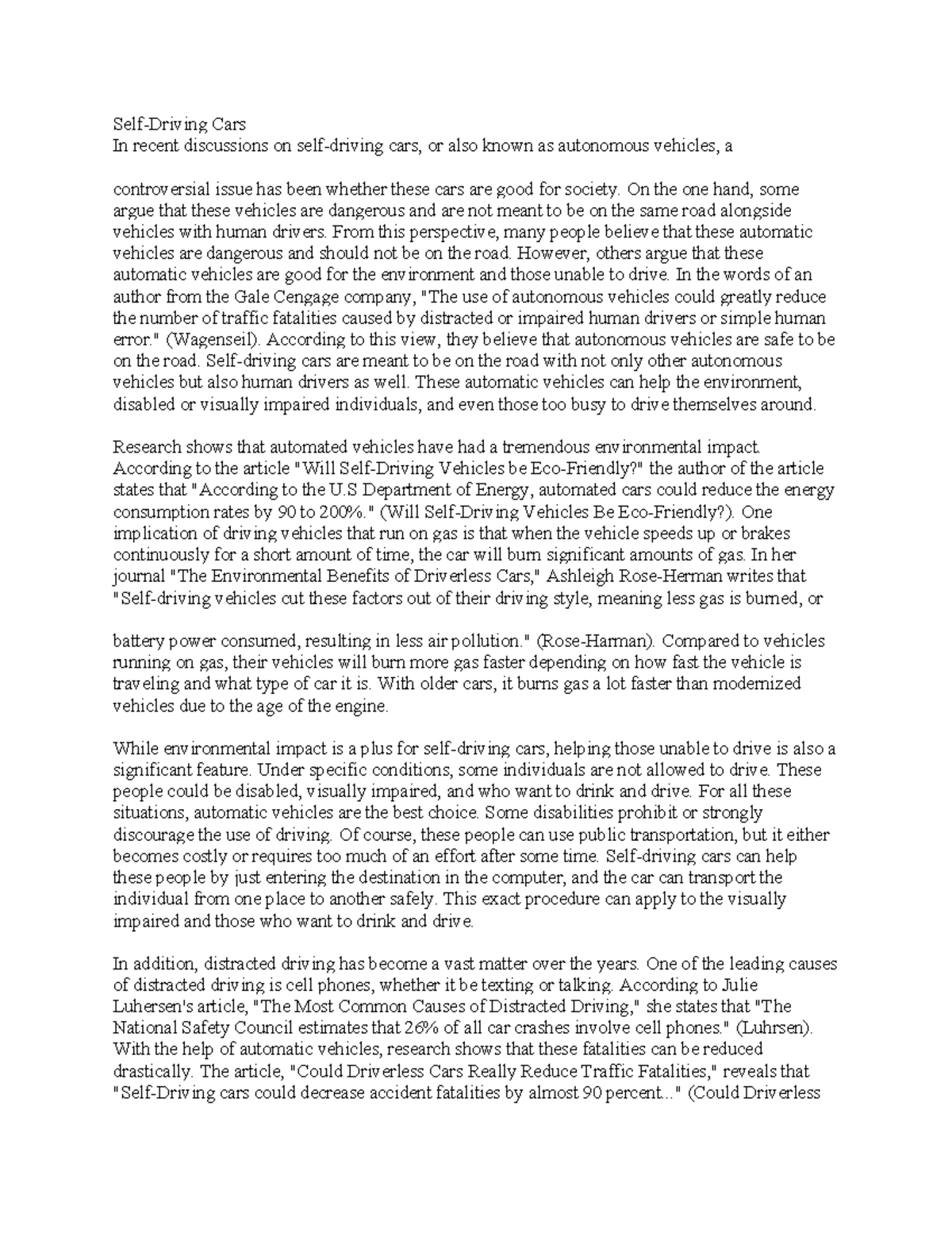 Doc'5 - Draft Essay - Self-Driving Cars In recent discussions on self ...