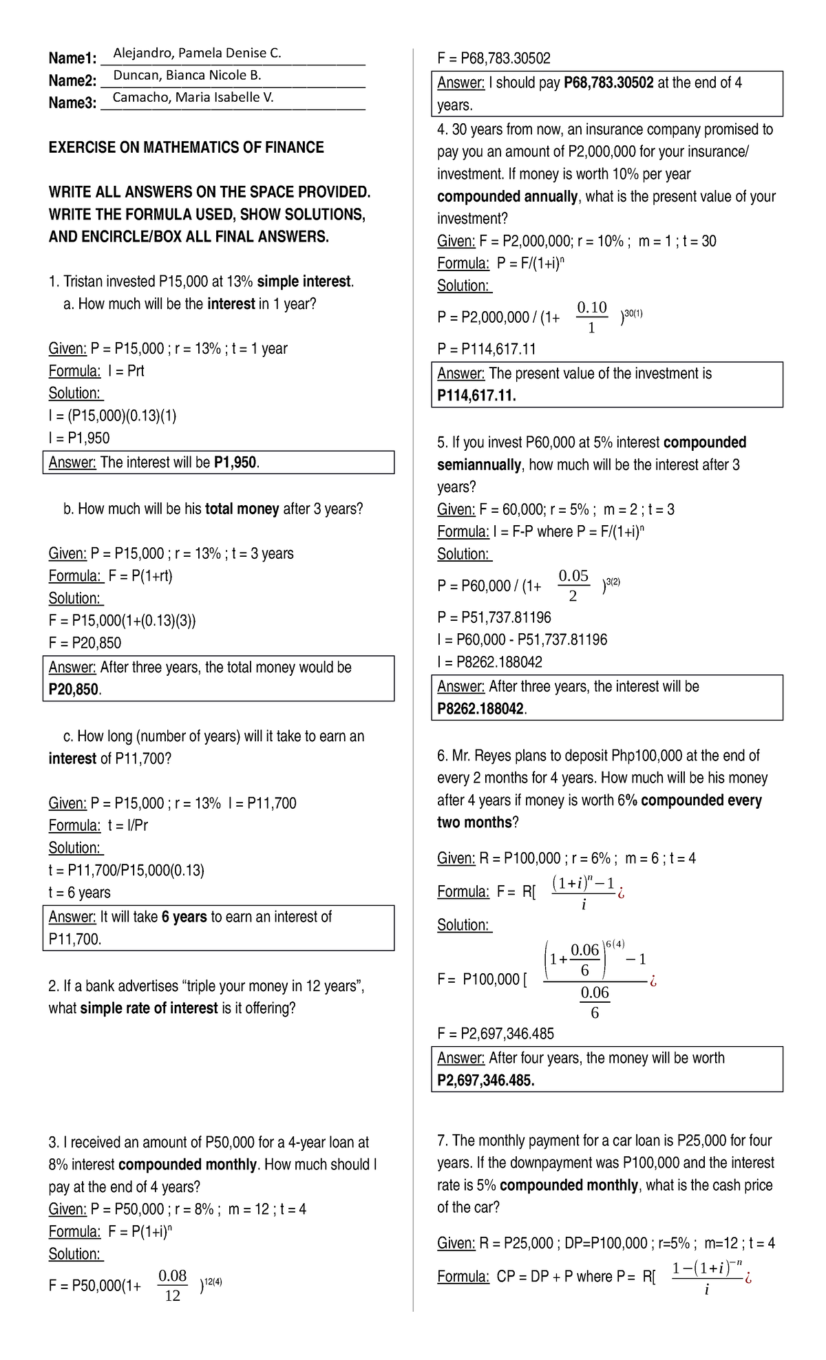 Exercises on Business Math-1 - Name1 ...