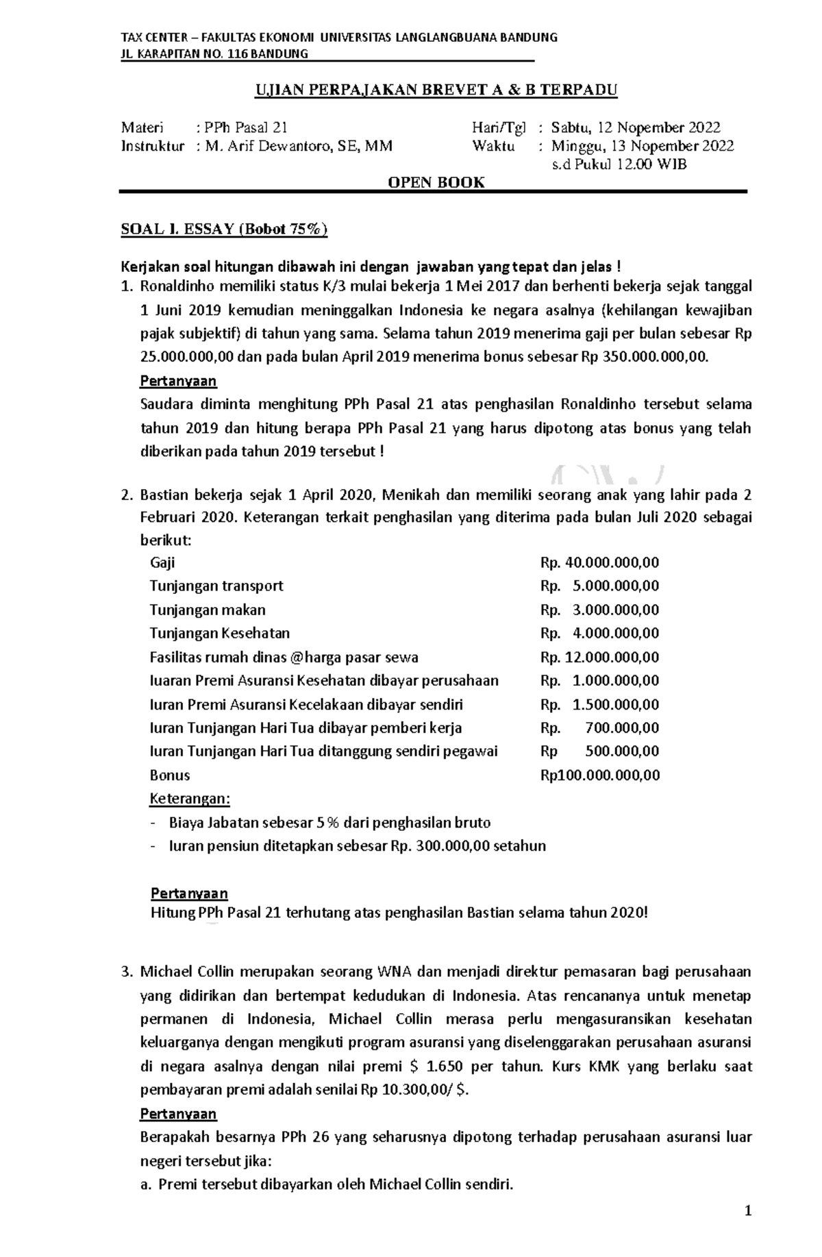 Soal Ujian PPh Ps. 21 Kelas Weekday 20 2 tgl 12 Nop 2022 - JL ...