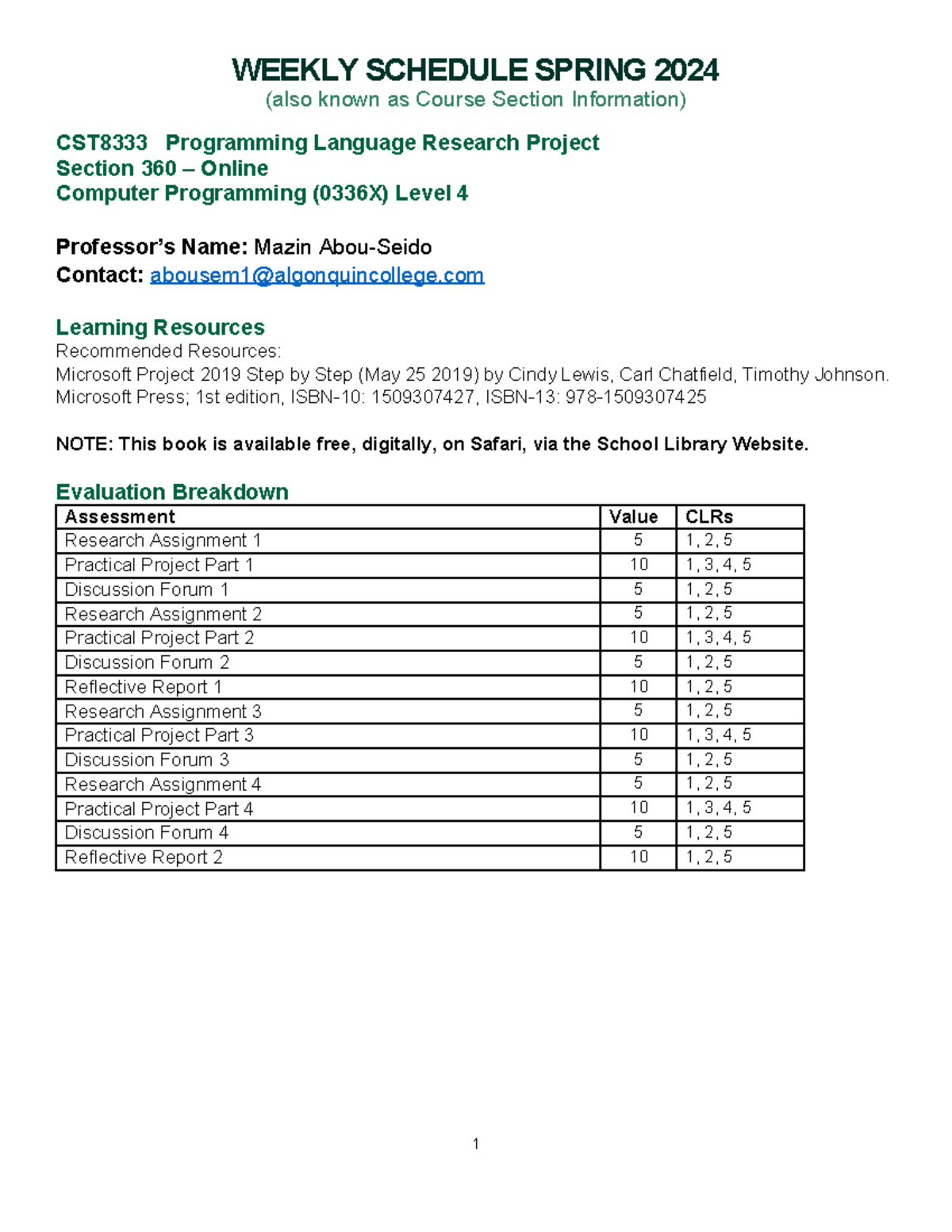 CST8333 360 Weekly Schedule Spring 2024 - WEEKLY SCHEDULE SPRING 2024 ...