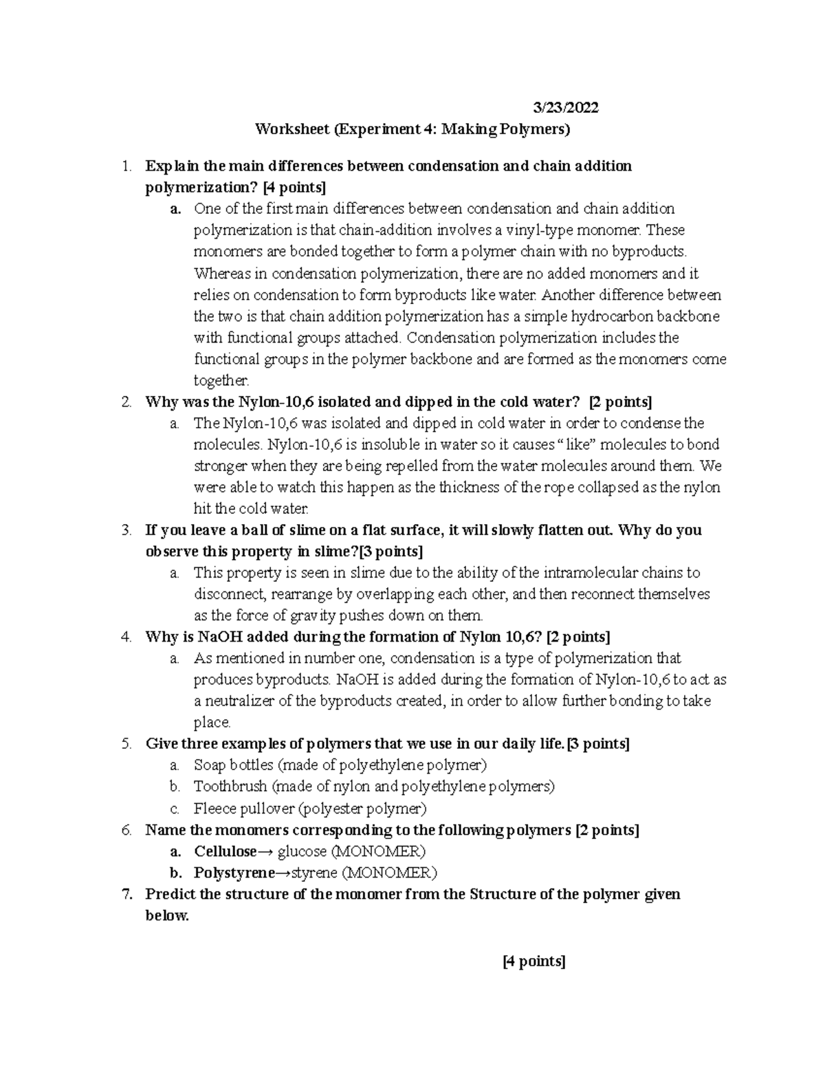 Experiment 4 Worksheet - 3/23/ Worksheet (Experiment 4: Making Polymers ...