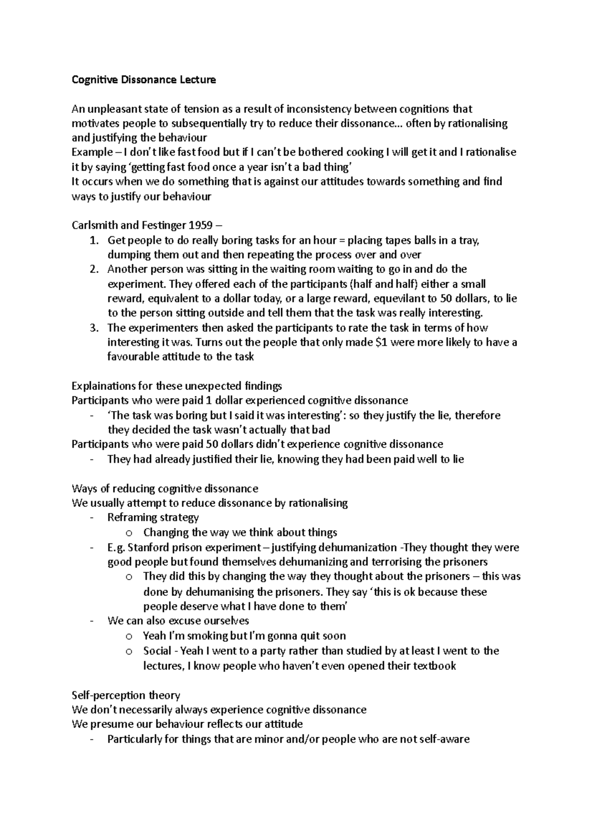 Cognitive Dissonance Lecture Notes Social Psychology - Cognitive ...