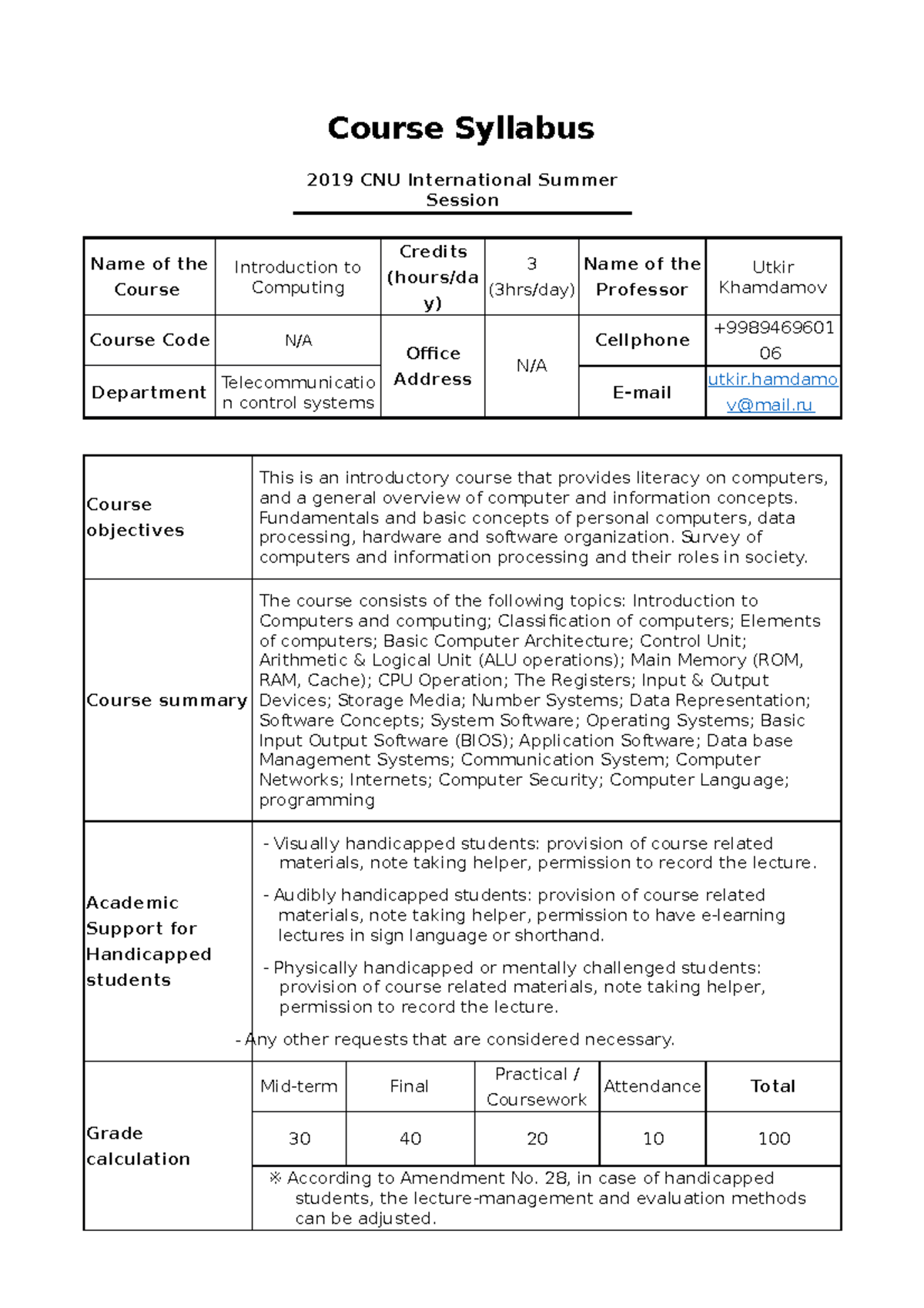 Syllabus of Introduction to Computing - Course Syllabus 2019 CNU International Summer Session ...