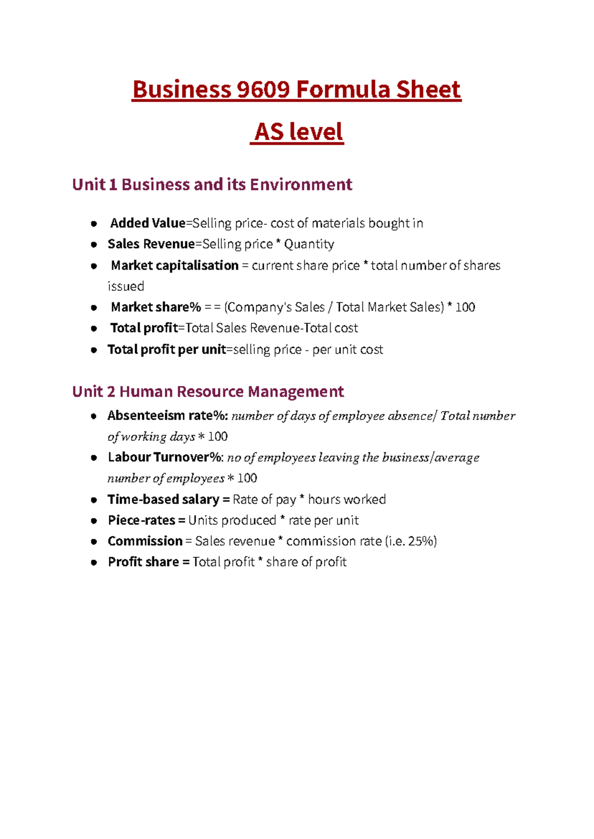 Business 9609 Formula Sheet - Business 9609 Formula Sheet AS level Unit ...