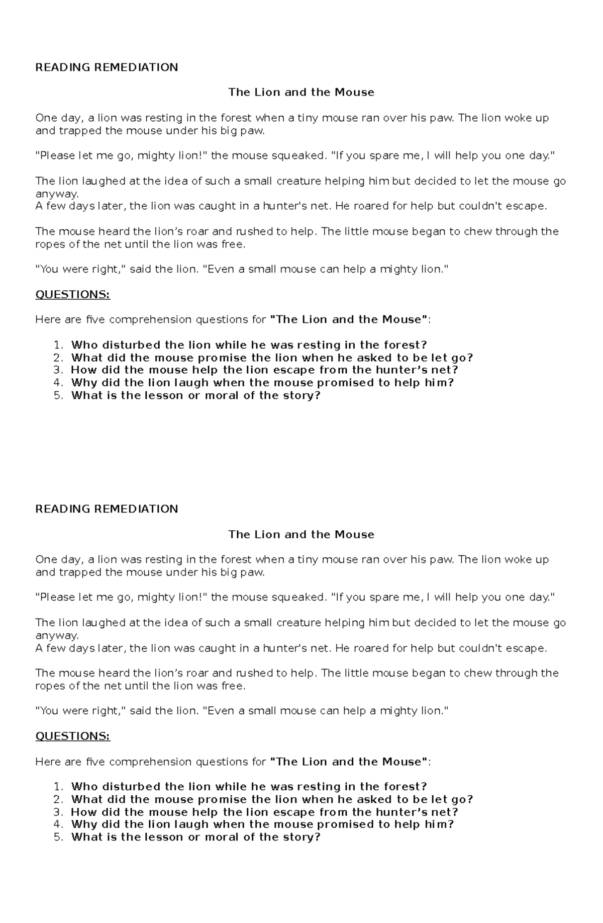 Reading Remediation 1 - READING REMEDIATION The Lion and the Mouse One ...