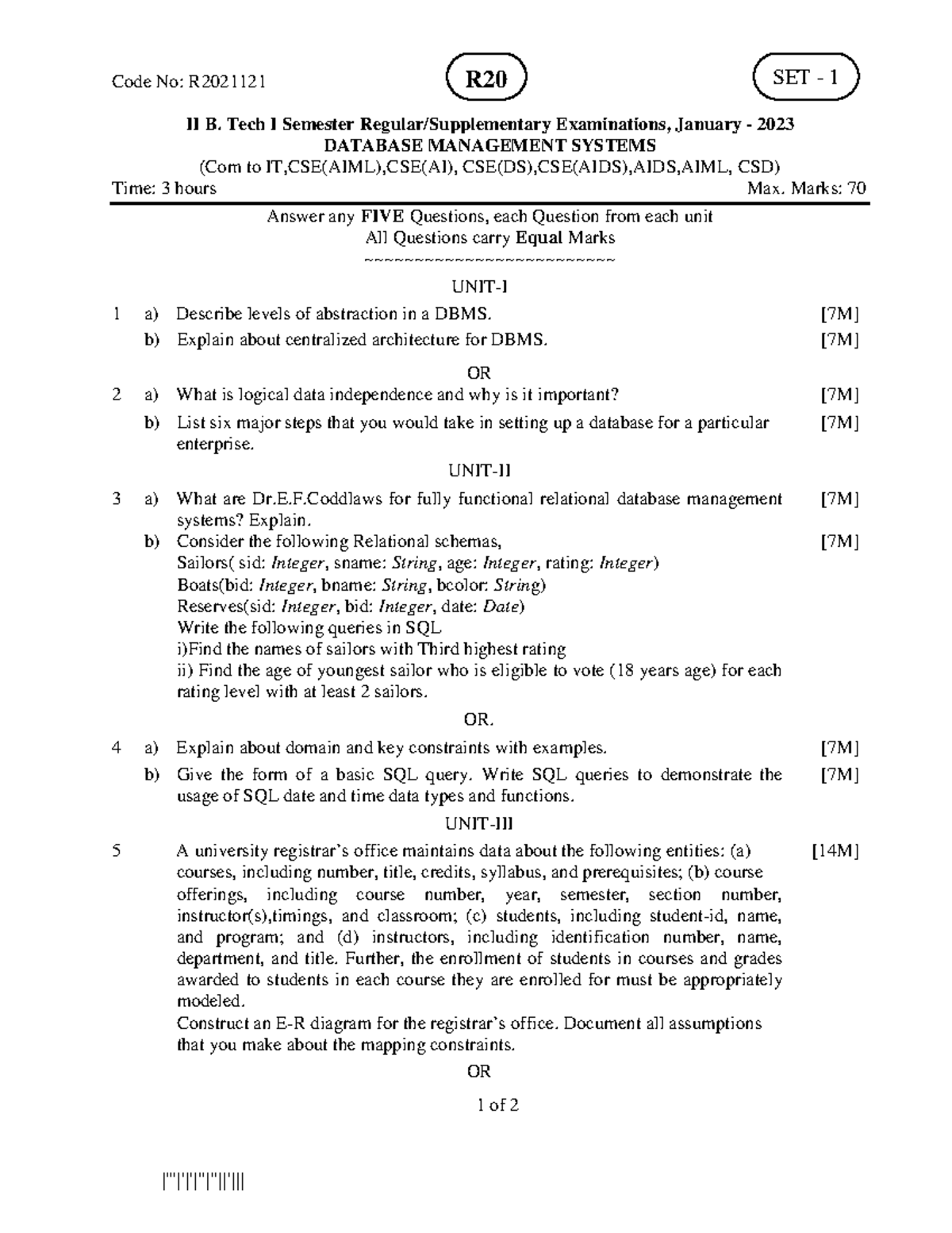 Database Management Systems Jan 2023 - II B. Tech I Semester Regular/Supplementary Examinations ...