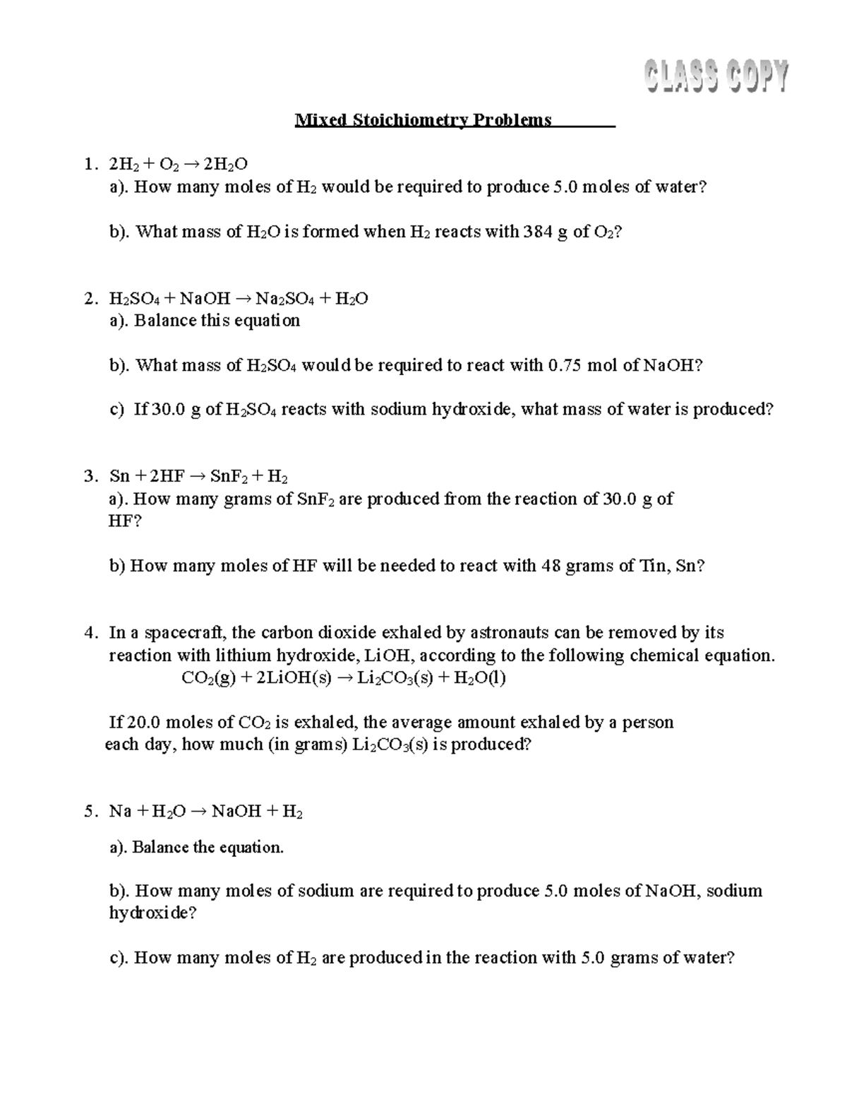 Mixed Stoichiometry Problems - How many moles of H 2 would be required ...