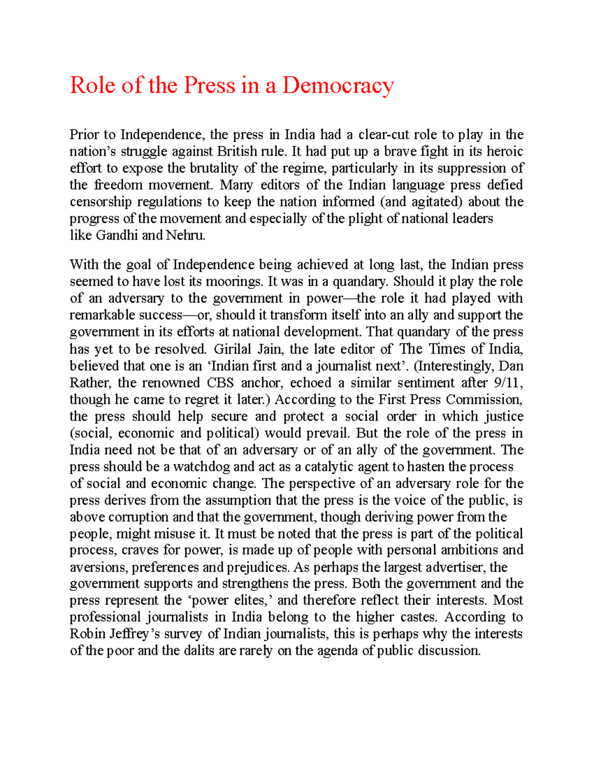 Role of the Press in a Democracy - It had put up a brave fight in its ...