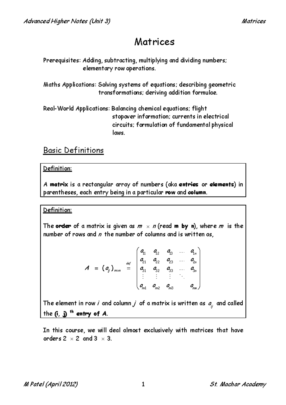 matrces notes pdf - Matrices ####### Prerequisites: Adding, subtracting ...