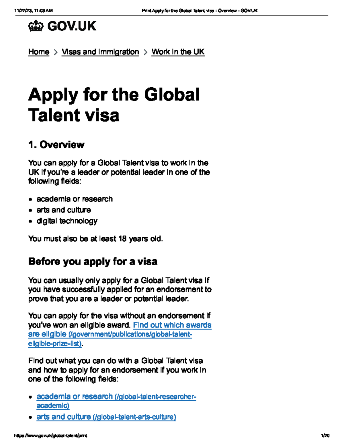 Apply for the Global Talent visa Overview - GOV - "% "&' % - Studocu