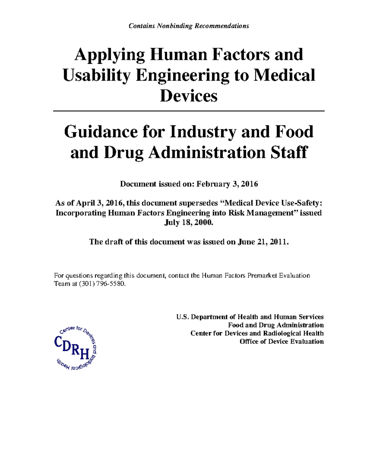 Usability Engineering to Medical Devices Guidance for FDA - Contains ...